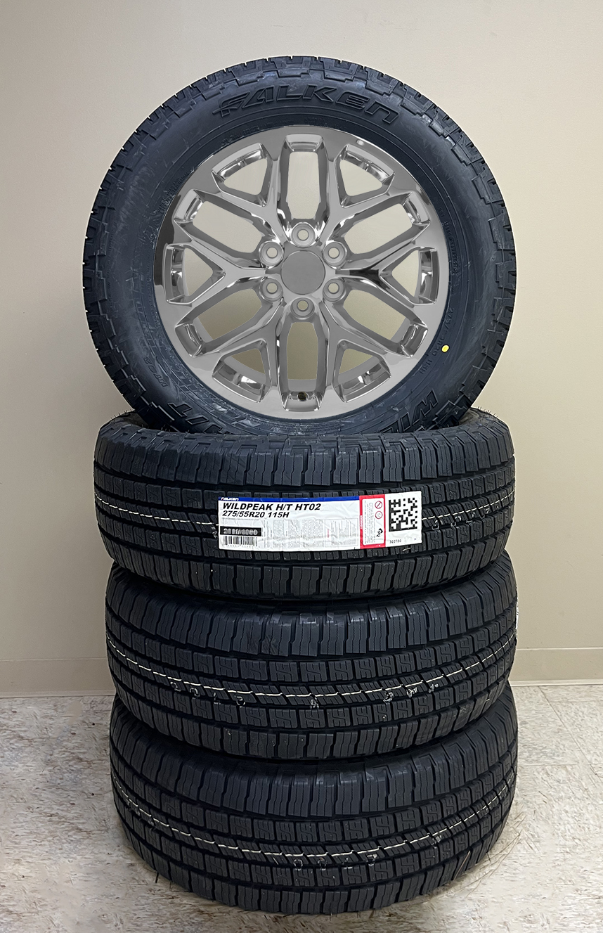 20" Chrome Snowflake Wheels with 275/55R20 All Season Tires SET of 4 fits Chevy Silverado, Tahoe ...