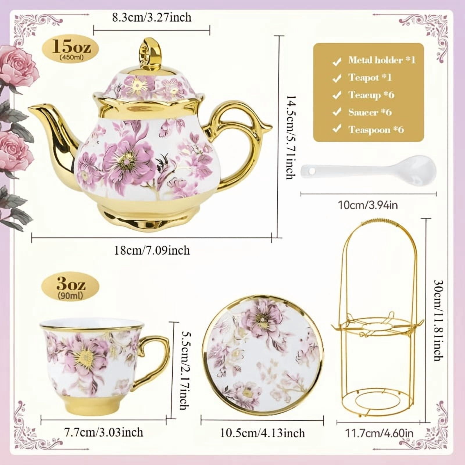 20 Count Floral Porcelain Tea and Coffee Set with Metal Holder ...