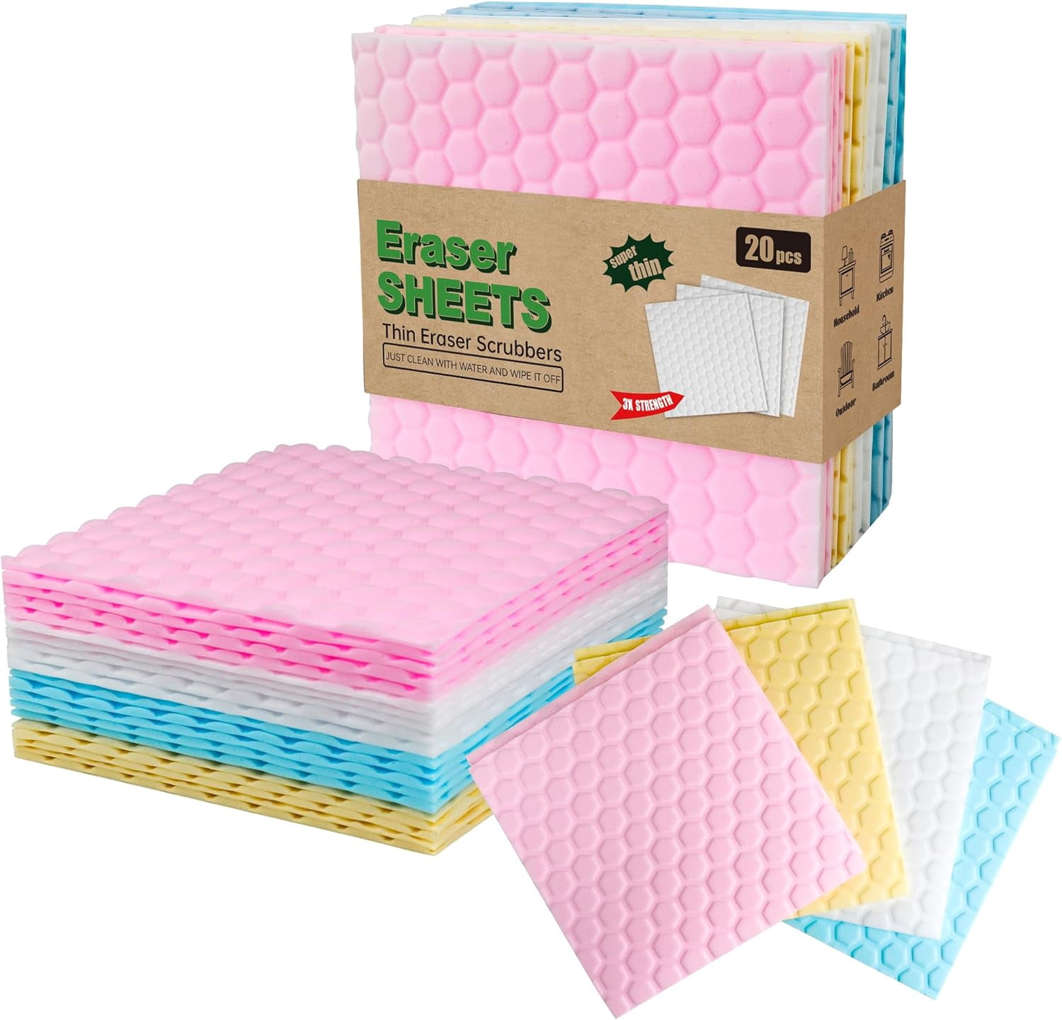 20-Count Mix Color Magic Cleaning Sponge Sheets - Convex Point Design, Heavy Duty Melamine ...