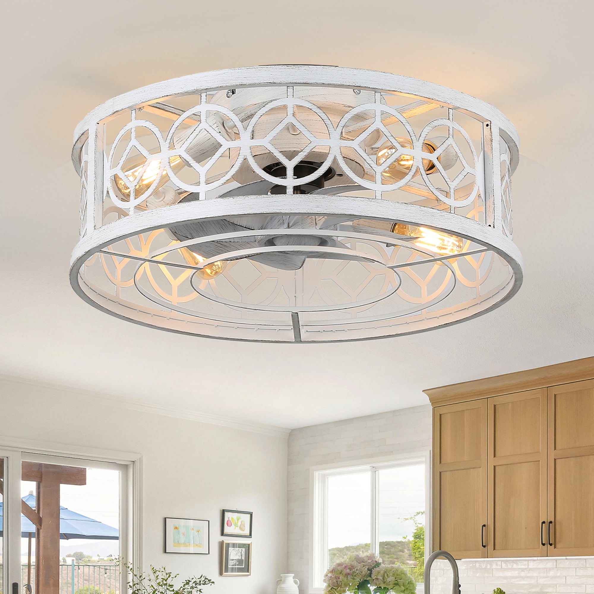 20" Distressed White Metal Caged Flush Mount Ceiling Fan with Light and ...