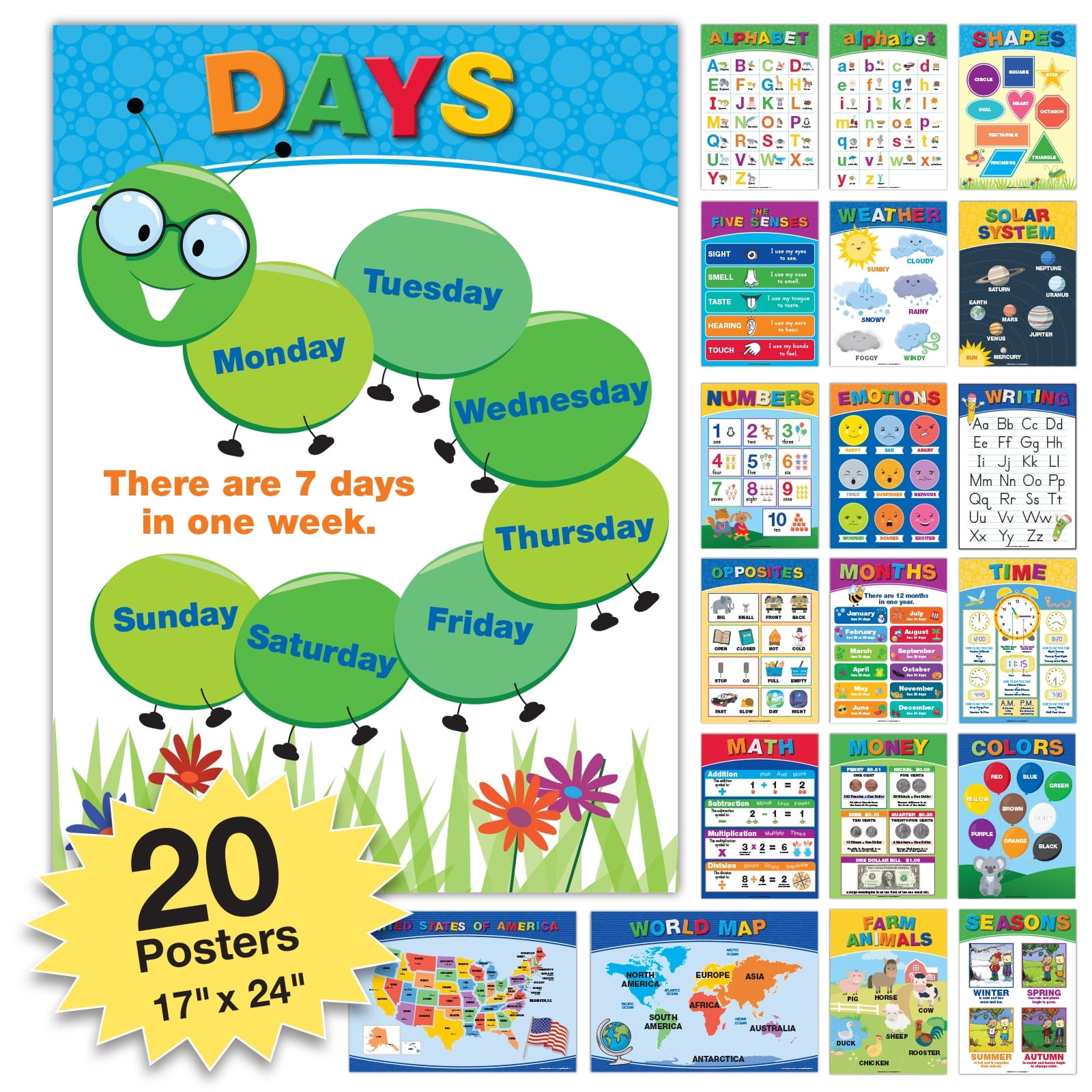 Global Printed Products Educational Kids Posters Set of 20 Bilingual ...