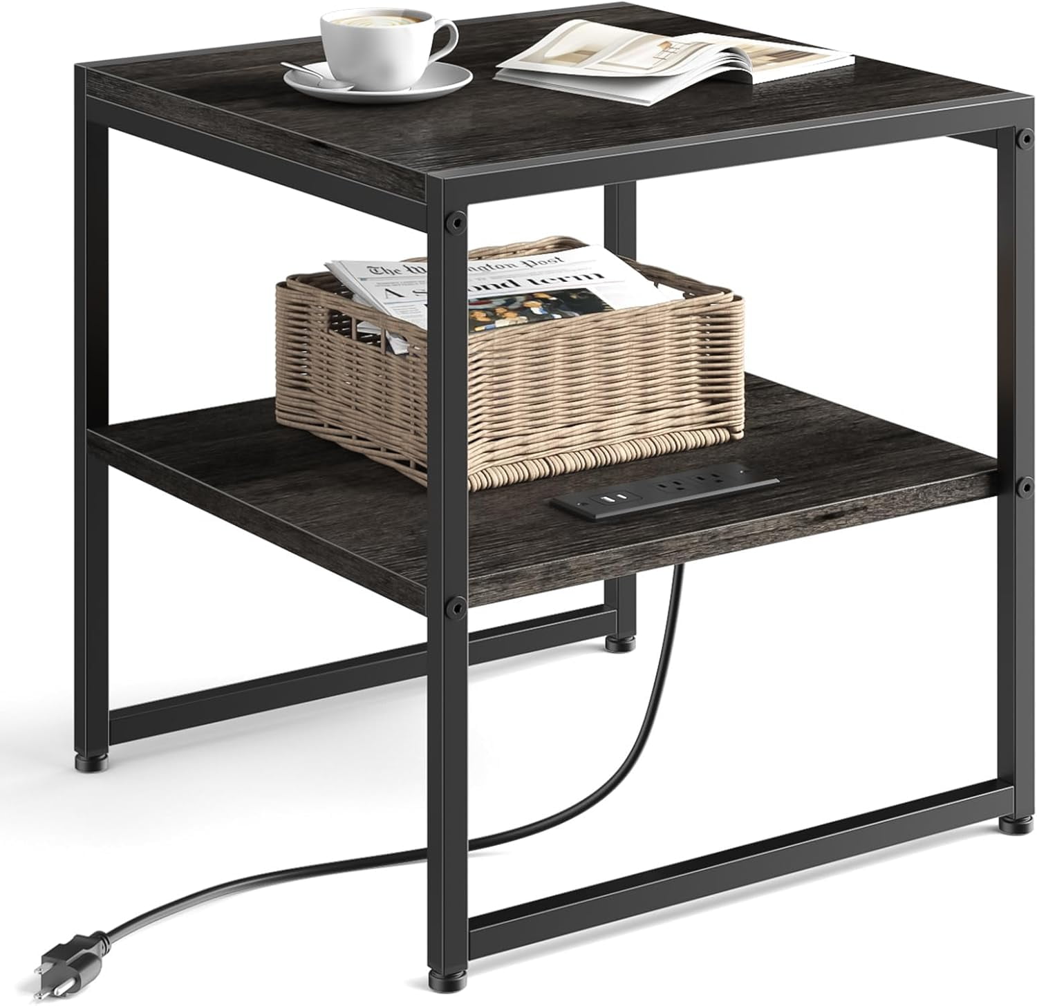 20" End Table with Charging Station, Industrial Square Side Table with ...