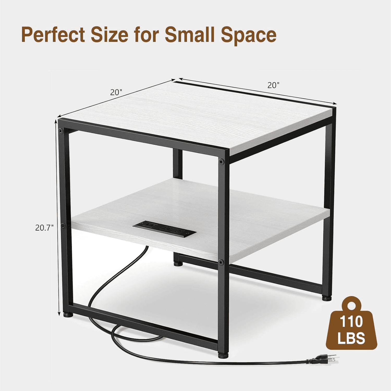 20" End Table with Charging Station, Industrial Square Side Table with ...