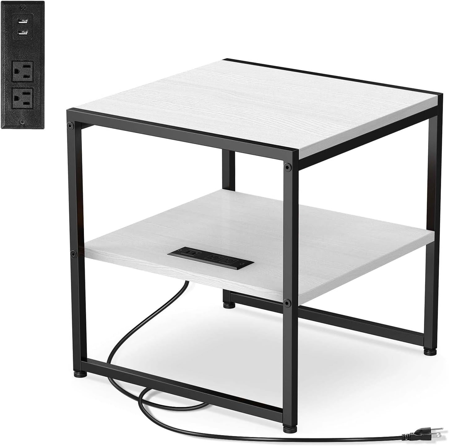 20" End Table with Charging Station, Industrial Square Side Table with ...
