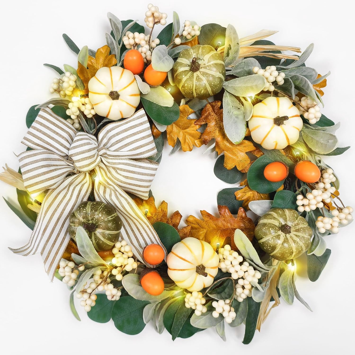 20'' Fall Wreath with Lights, Eucalyptus Pumpkins Autumn Wreaths for ...