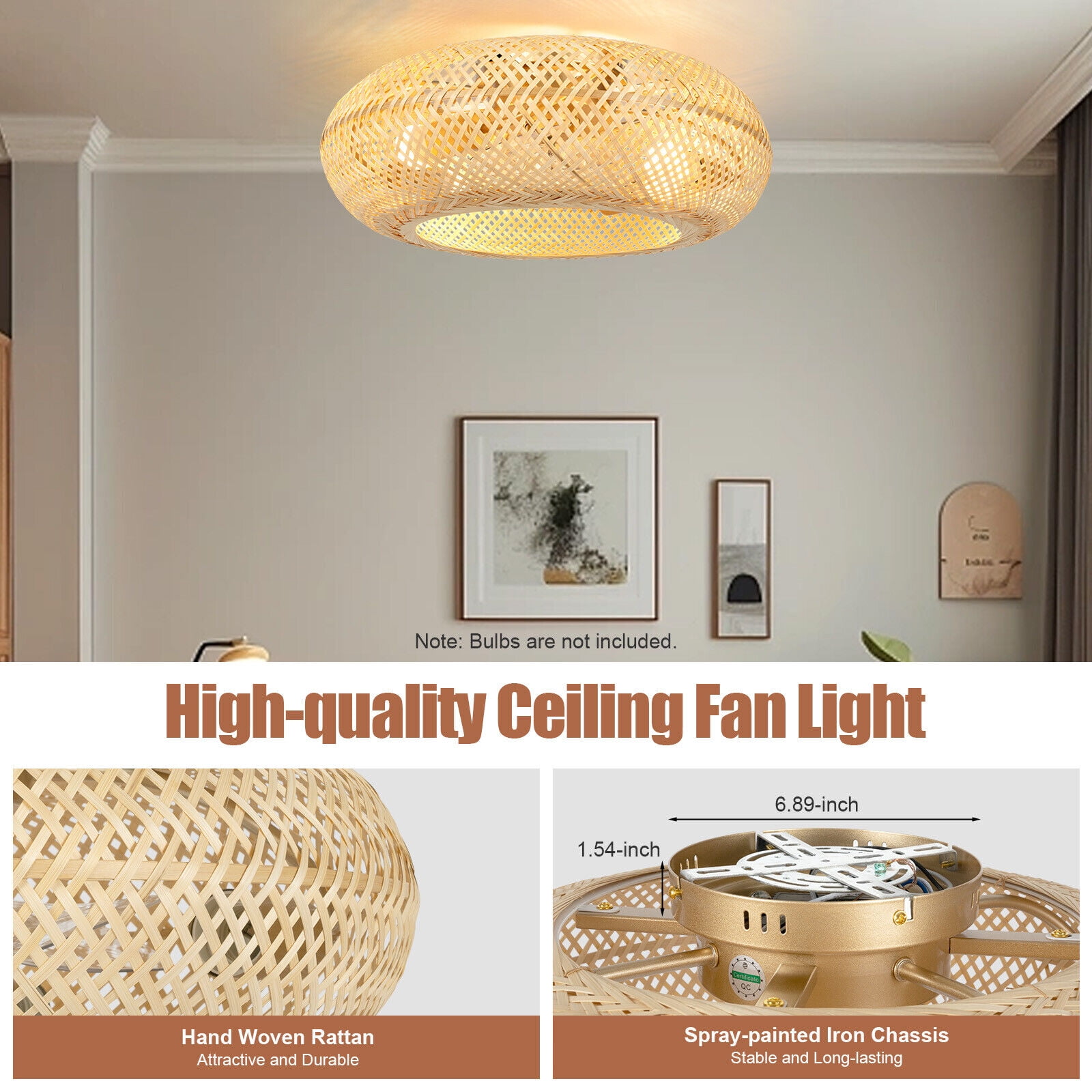 20" Farmhouse Boho Rattan Woven Bamboo Ceiling Fan with Light & Remote ...