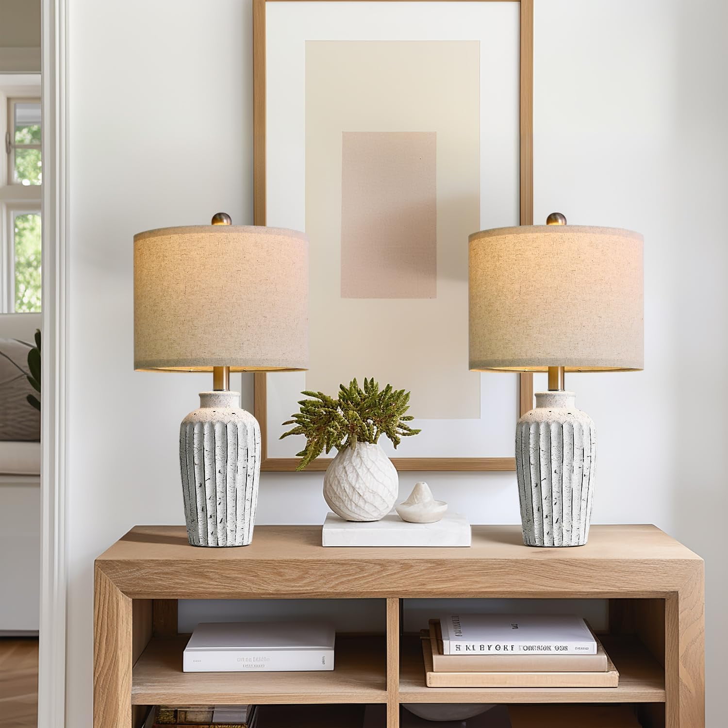 20" Farmhouse Ceramic Table Lamp Set of 2 for Bedroom, Vintage Bedside ...