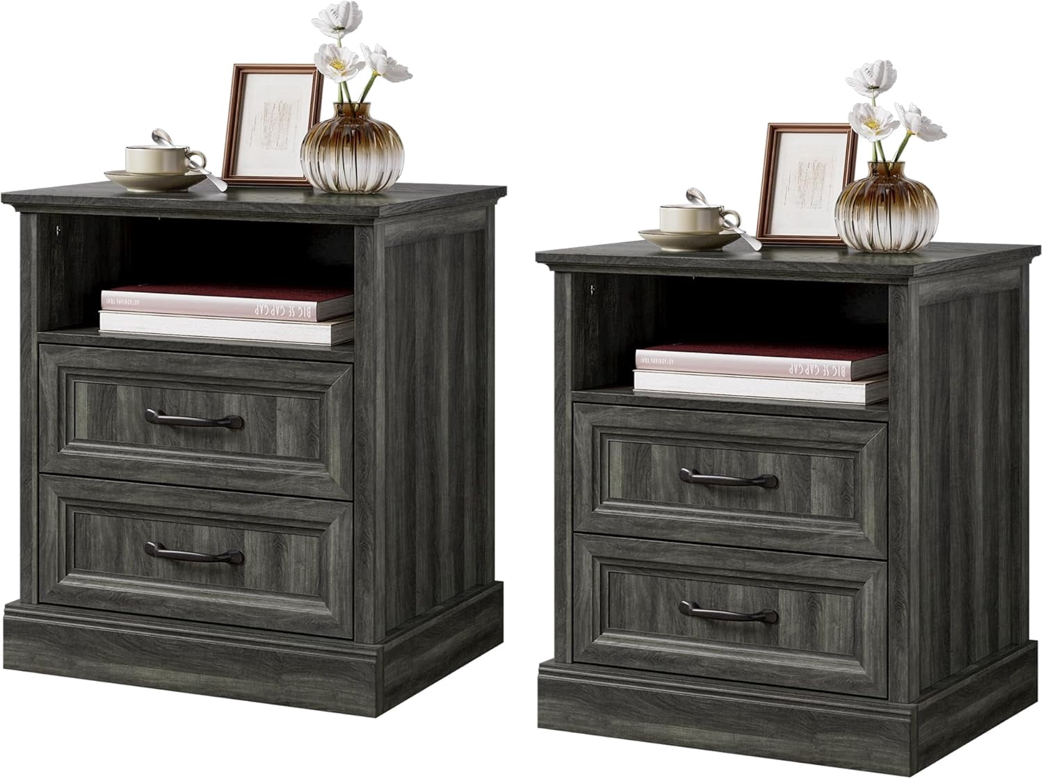 Grey Nightstand Set of 2 with Drawer Storage, Farmhouse End Table with ...
