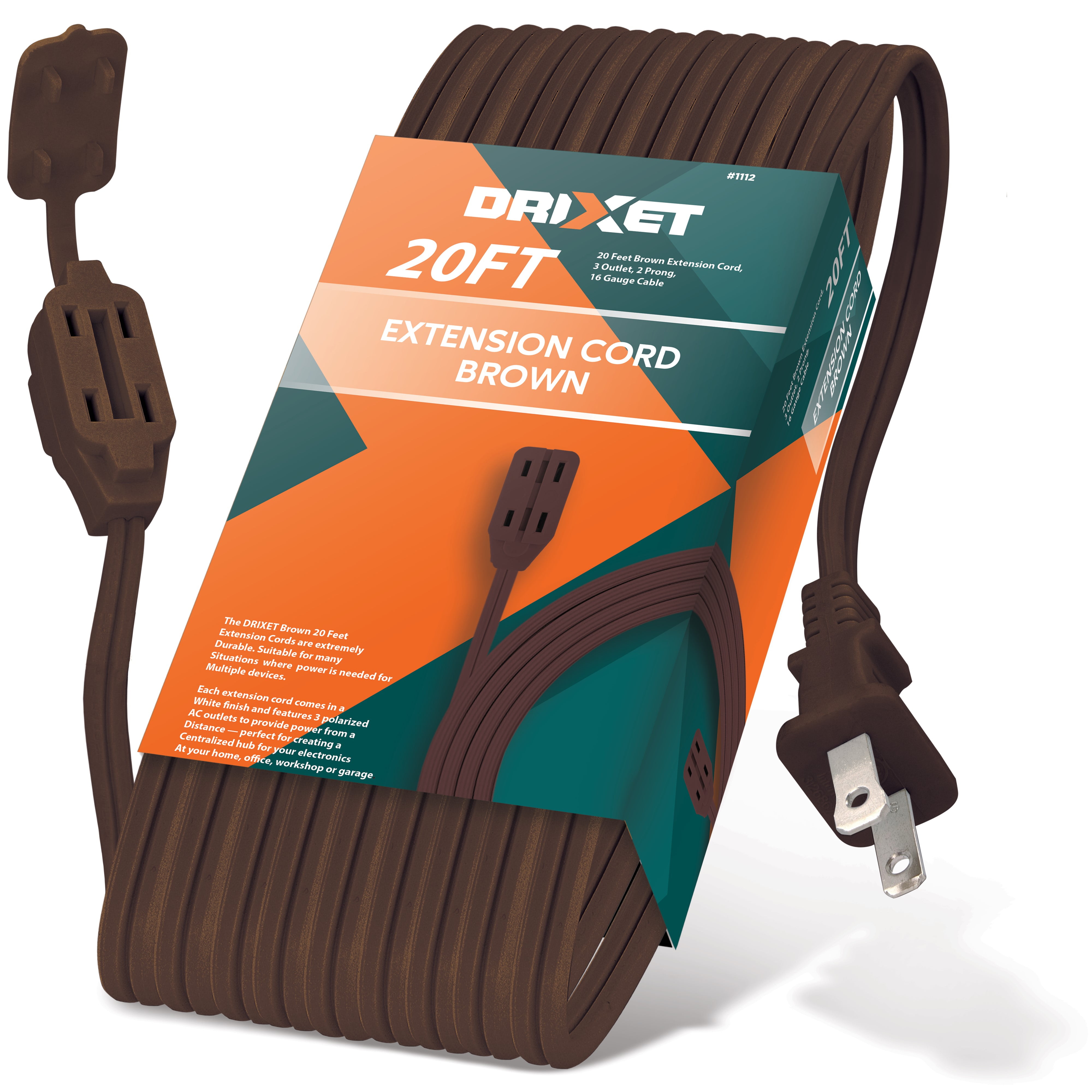 20 Feet Brown Extension Cord, 3 Outlet 2 Prong 16 Gauge Cable, Indoor ...