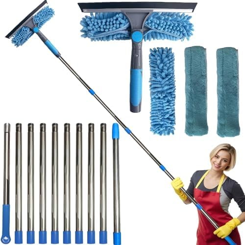 20+ Feet Reach Blue 2 in 1 Window Washing Squeegee & Duster with 3-14 ...