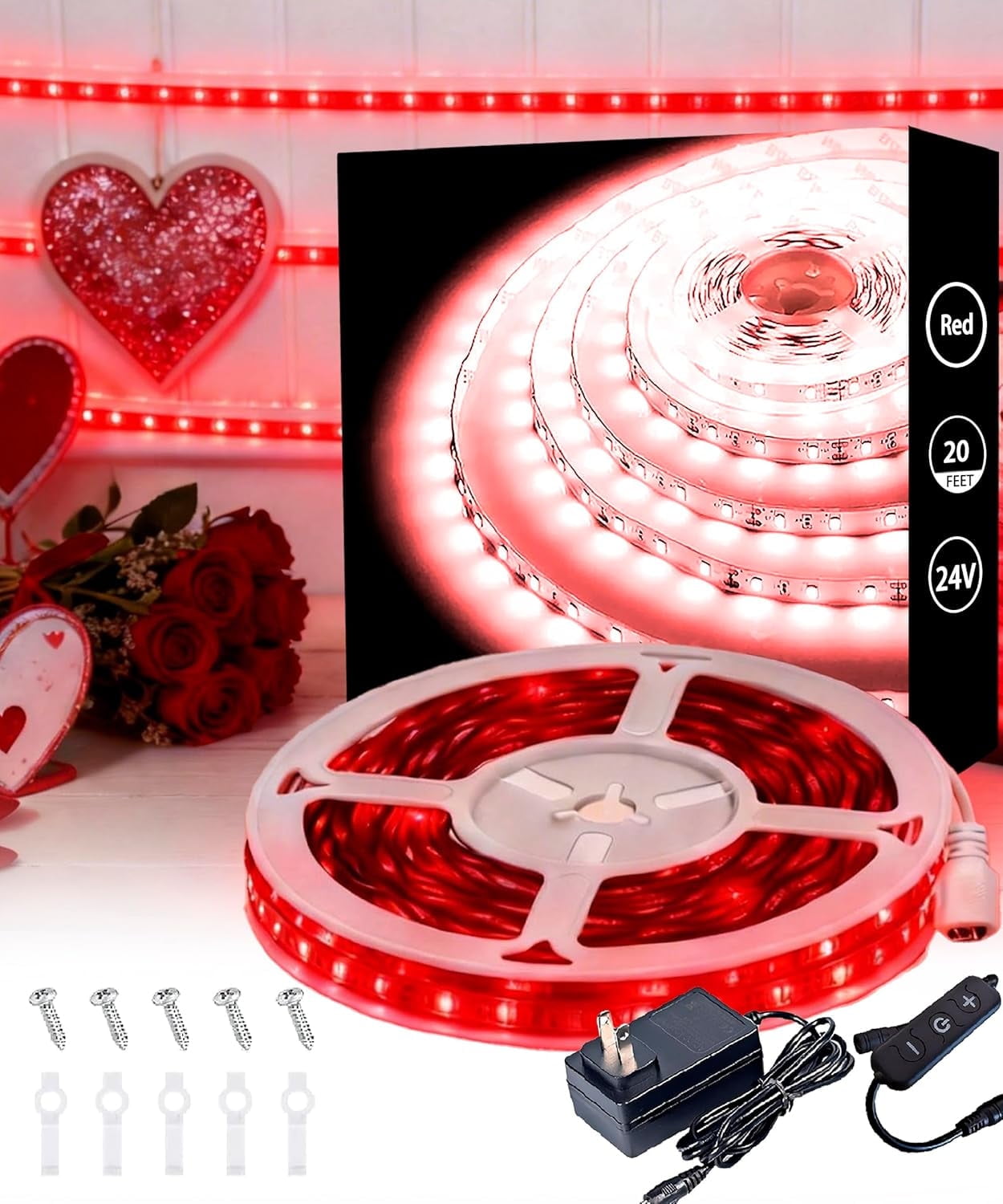 20 Ft Red Led Lights Strip Rope Lights with Dimmer Control forIndoor ...