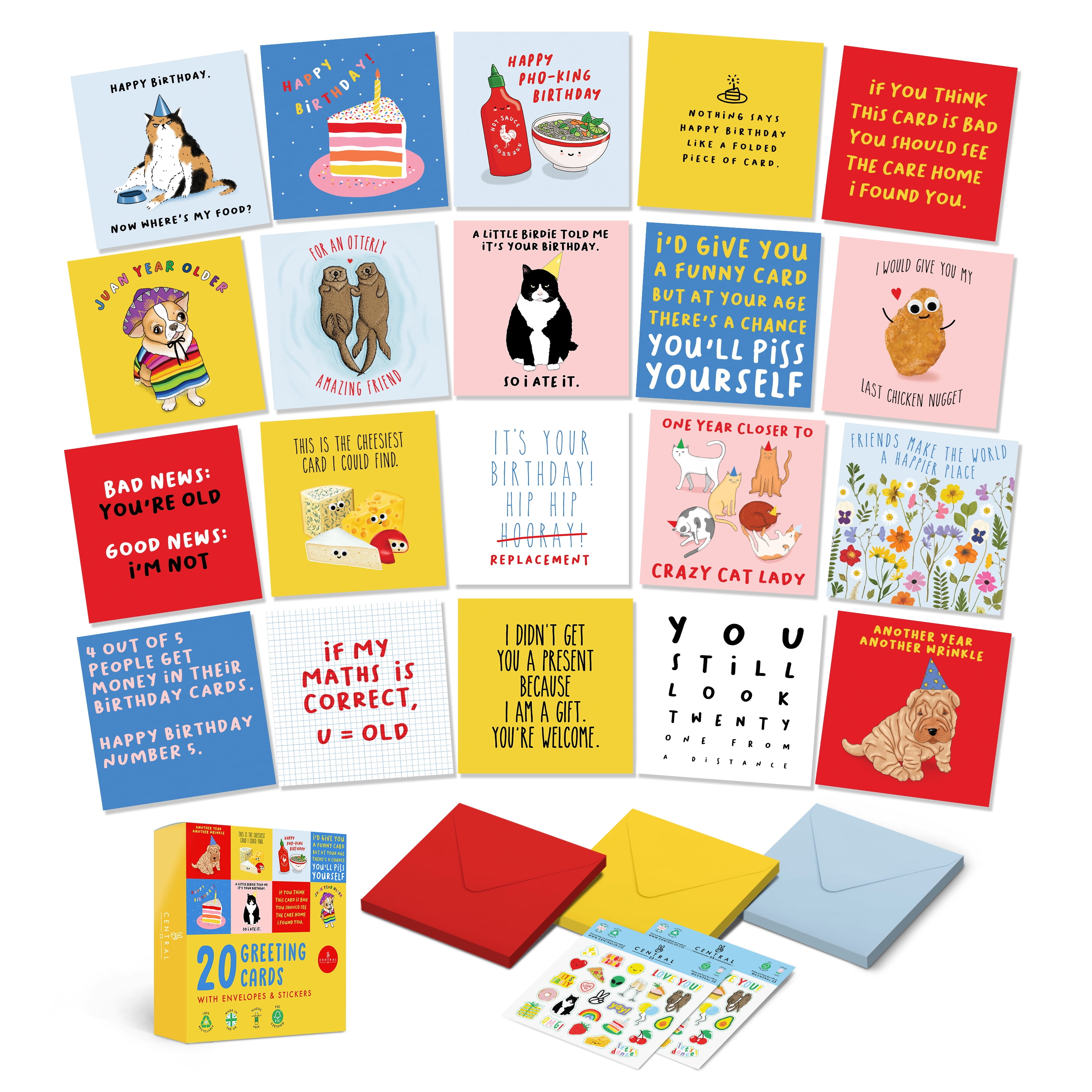 20 Funny Assorted Birthday Cards - Box of Birthday Cards with Envelopes ...