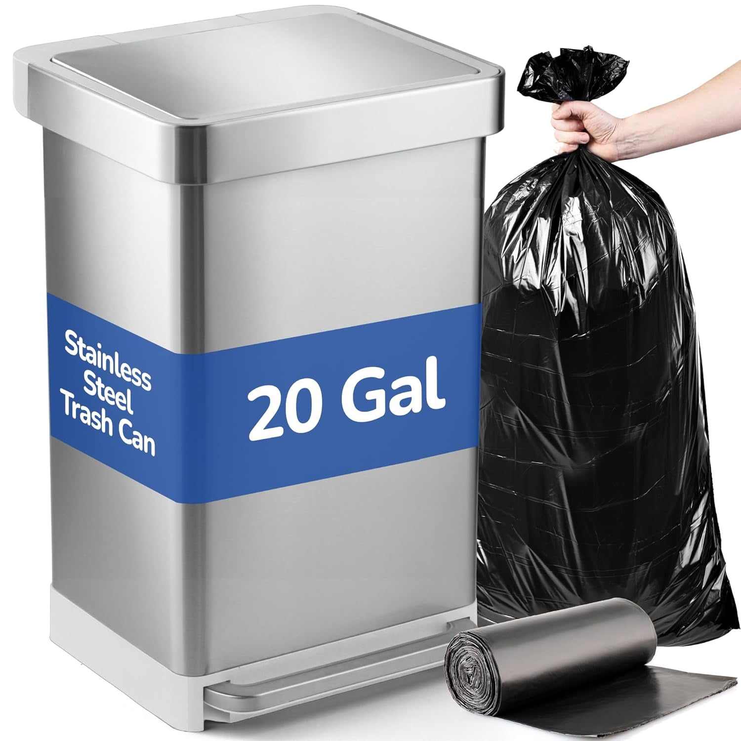 20 Gallon Stainless Steel Large Kitchen Trash Can with Foot Pedal, Soft ...