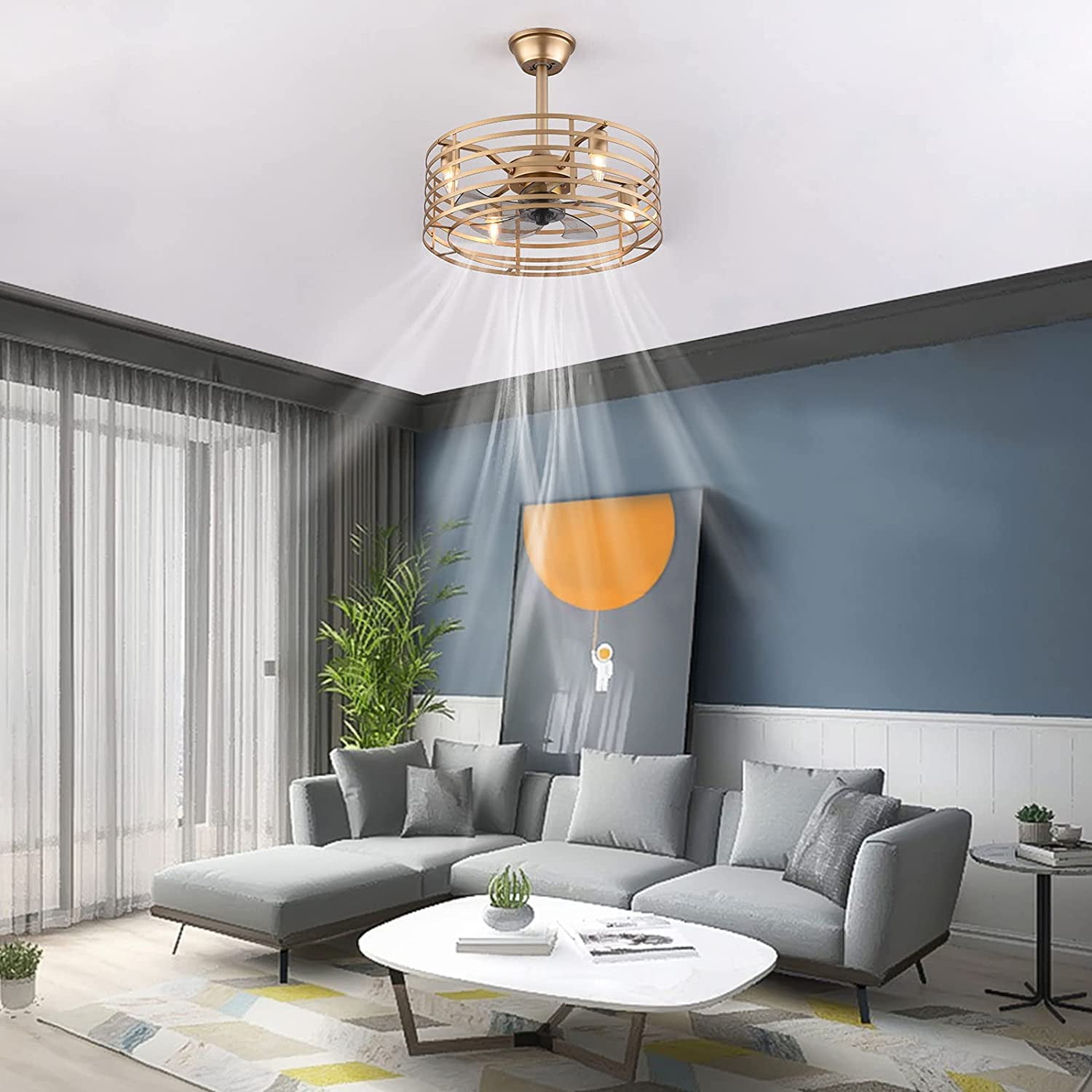 20" Gold Ceiling Fans with Lights Remote Control, 3-Speed Quiet Gold Fandelier Ceiling Fan ...