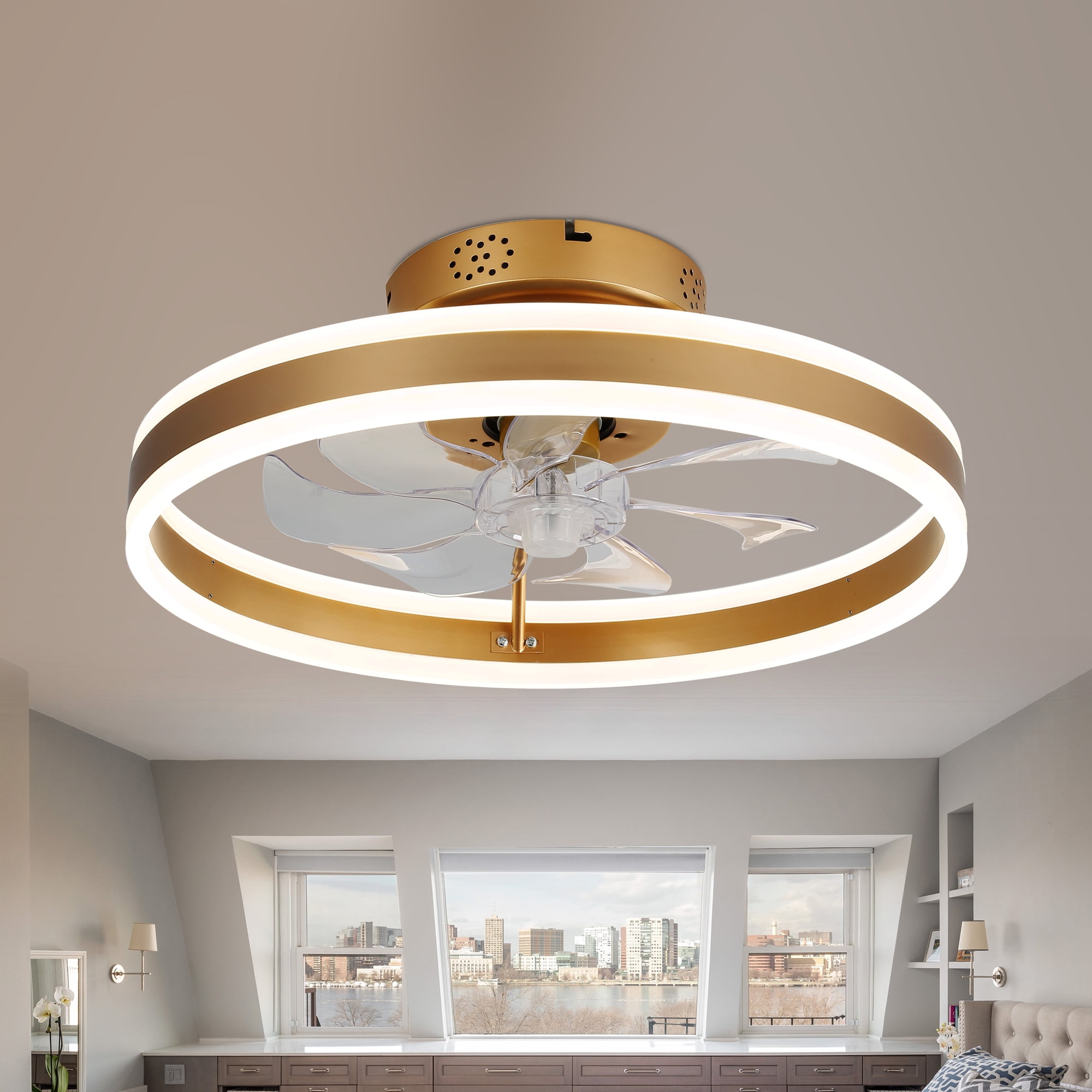 20" Gold Flush Mount Reversible Ceiling Fan with APP Control, 6-Speed ...