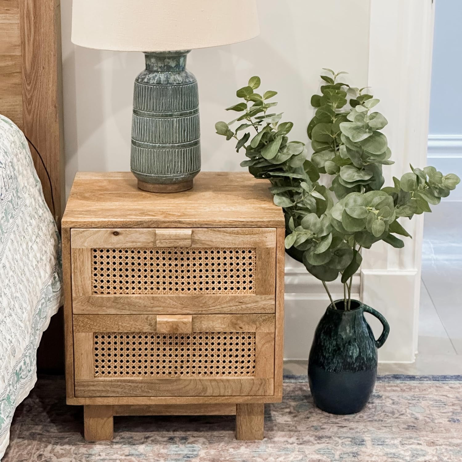 20" H Coastal Boho Mango Wood Cane Accent Nightstand, Handcrafted for Bedroom, Dorm, Small ...