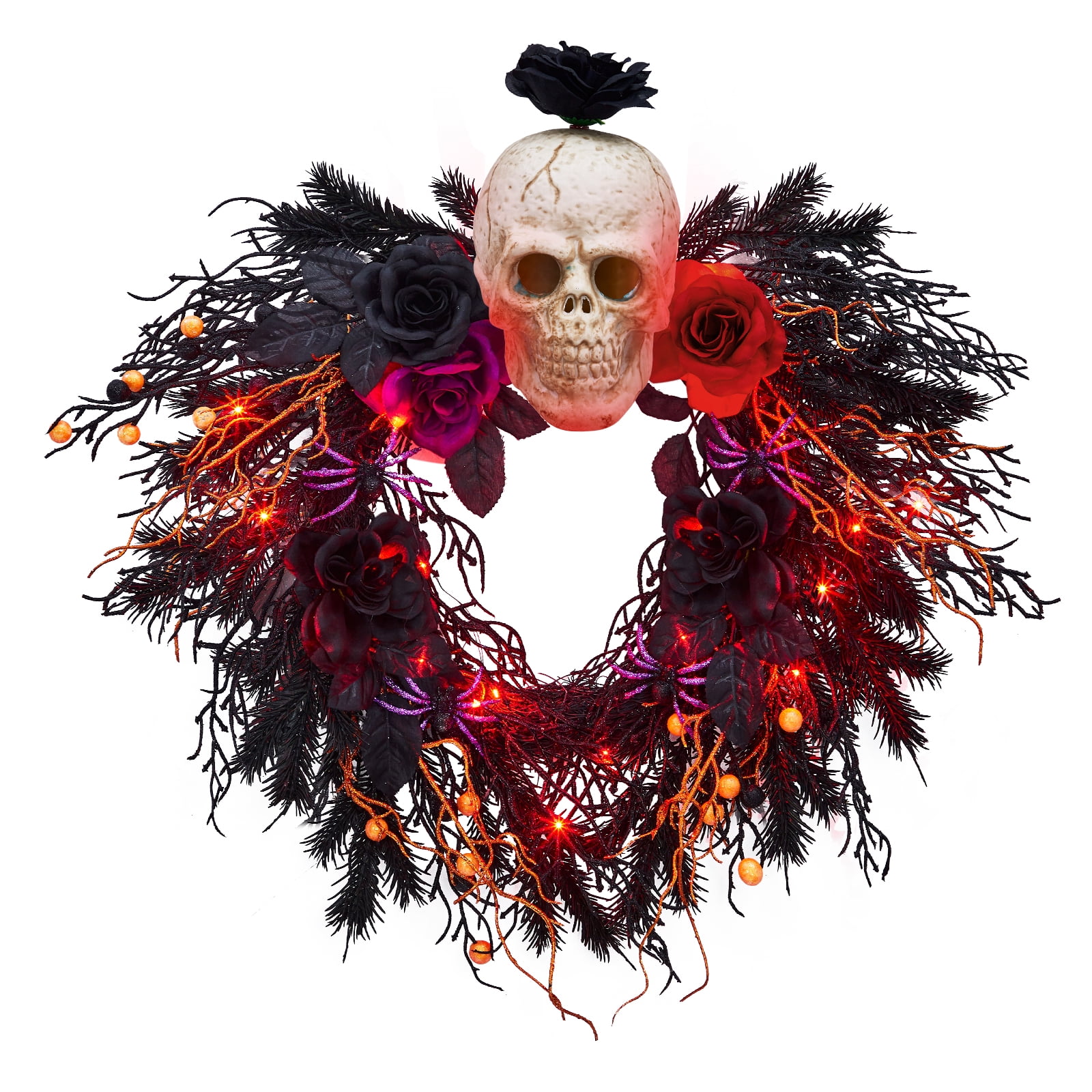 20" Halloween Wreath for Front Door, Halloween Artificial Wreath withSpid-er Scary Skull, Rose ...