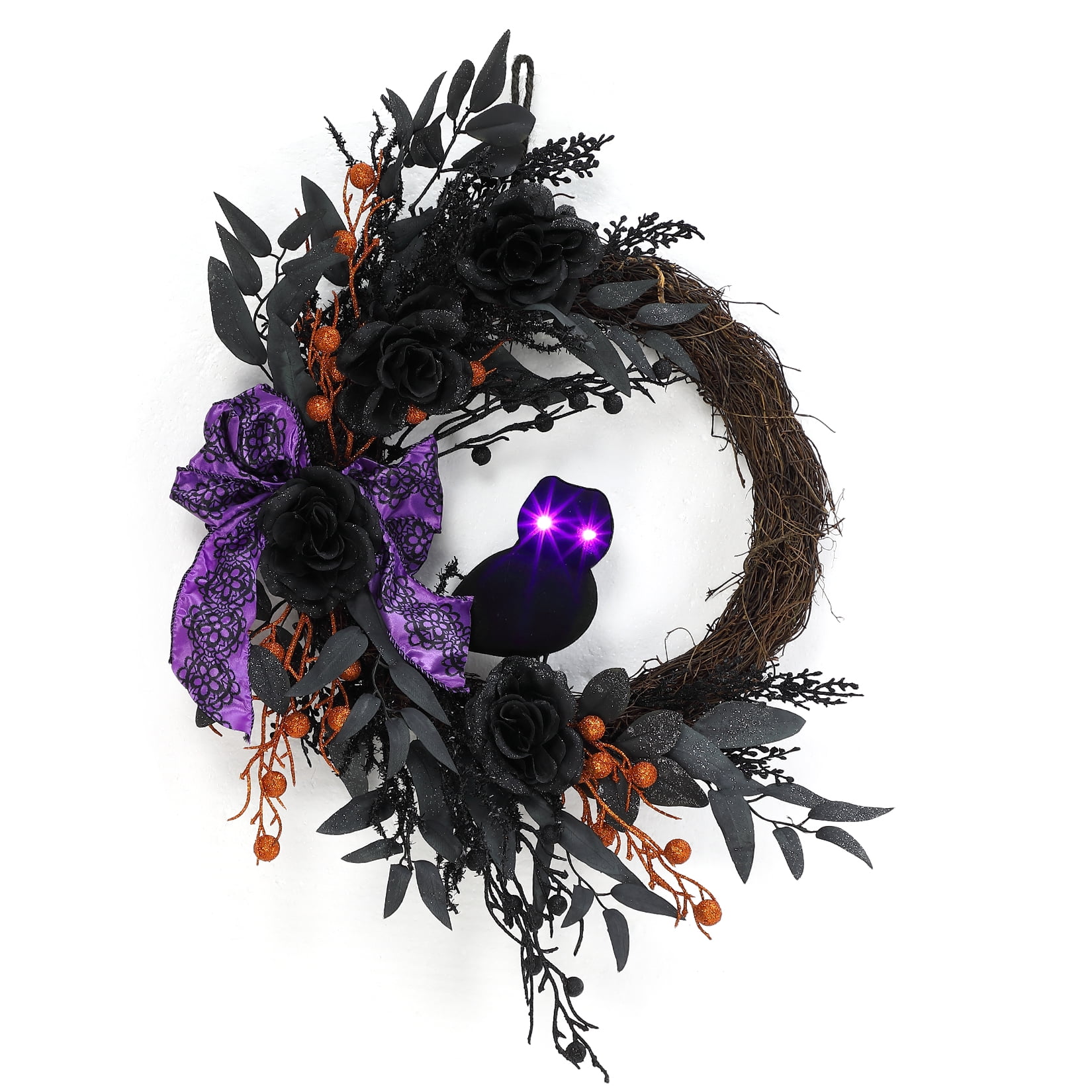 20" Halloween Wreath with Lights, Pre-Lit Pumpkin Wreath for Front Door ...