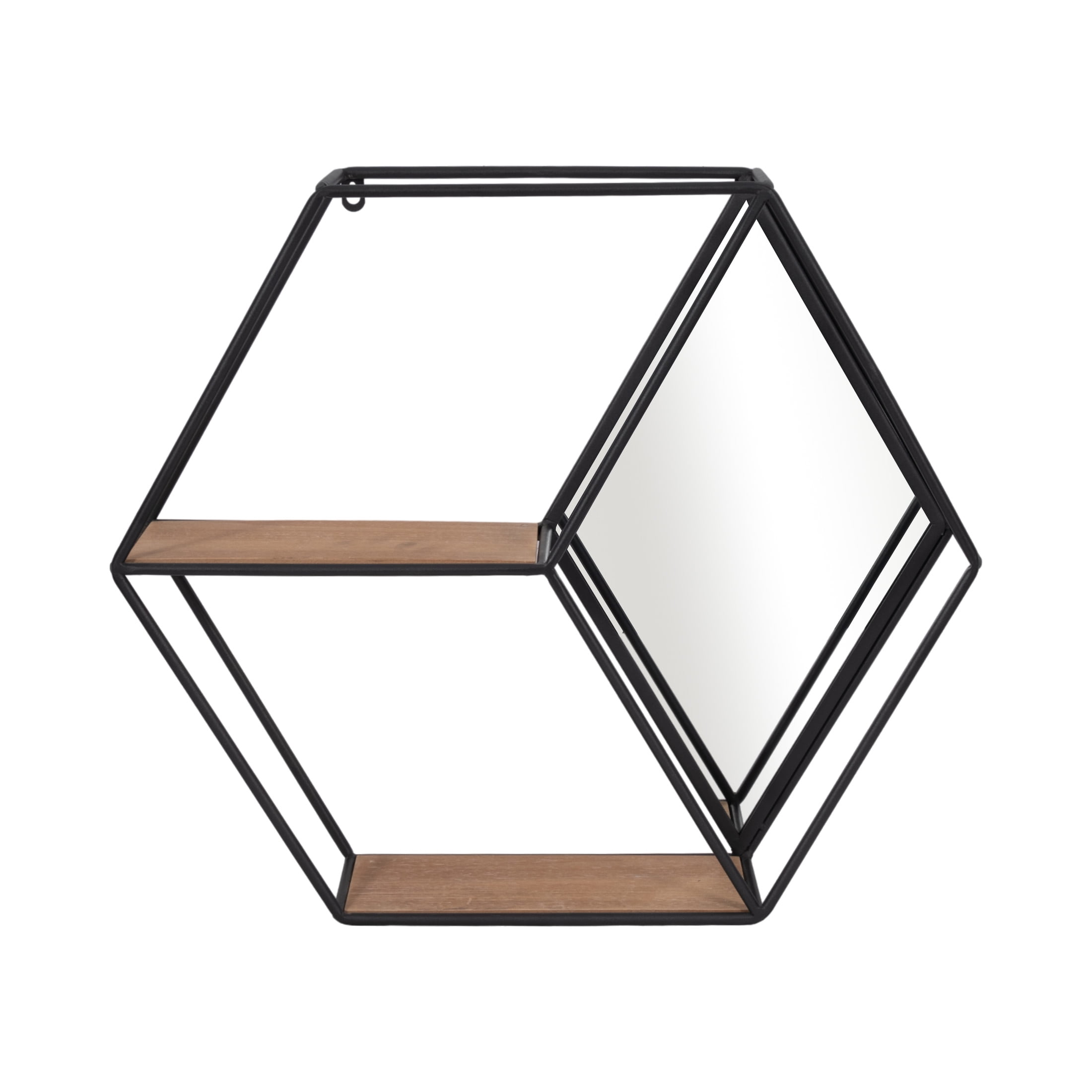 20" Hexagon Mirror Wall Shelf Contemporary Metal and Wood Rustic ...