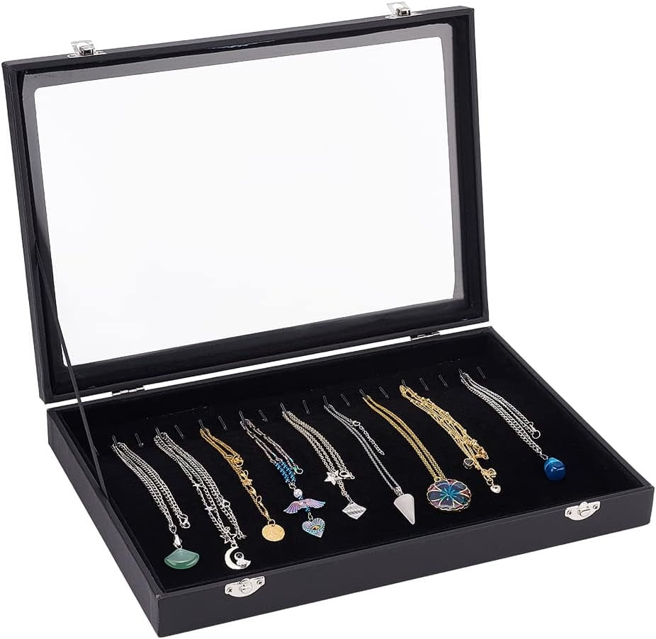 20 Hooks Necklace Organizer Tray Necklace Storage Box with Clear Glass ...