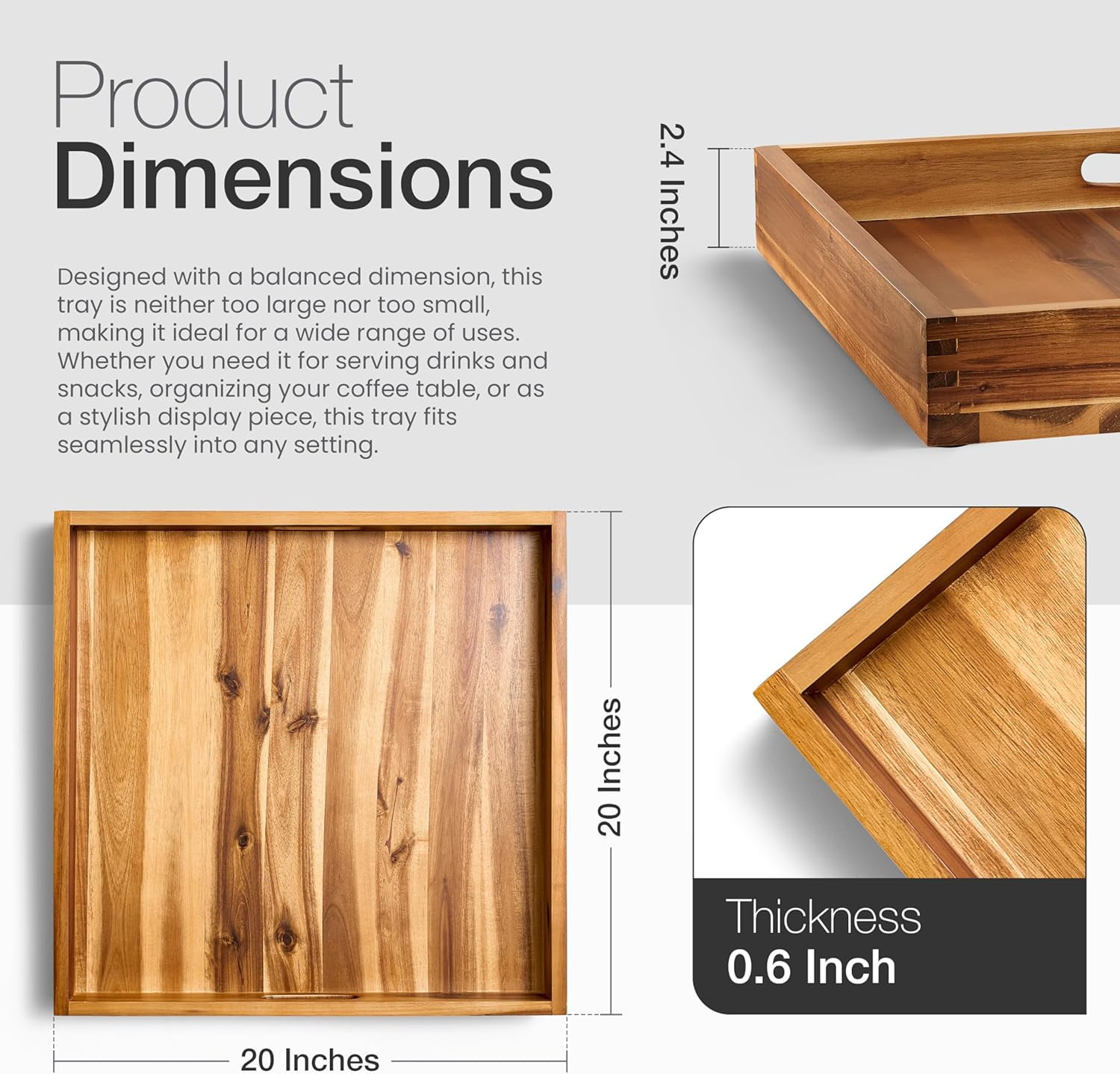 20 Inch Acacia Wood Ottoman Tray - Wooden Square Serving Tray with ...