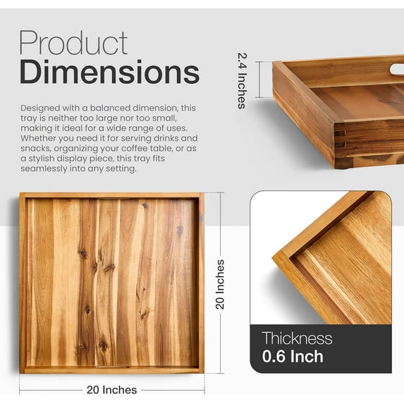 20 Inch Acacia Wood Ottoman Tray - Wooden Square Serving Tray with ...