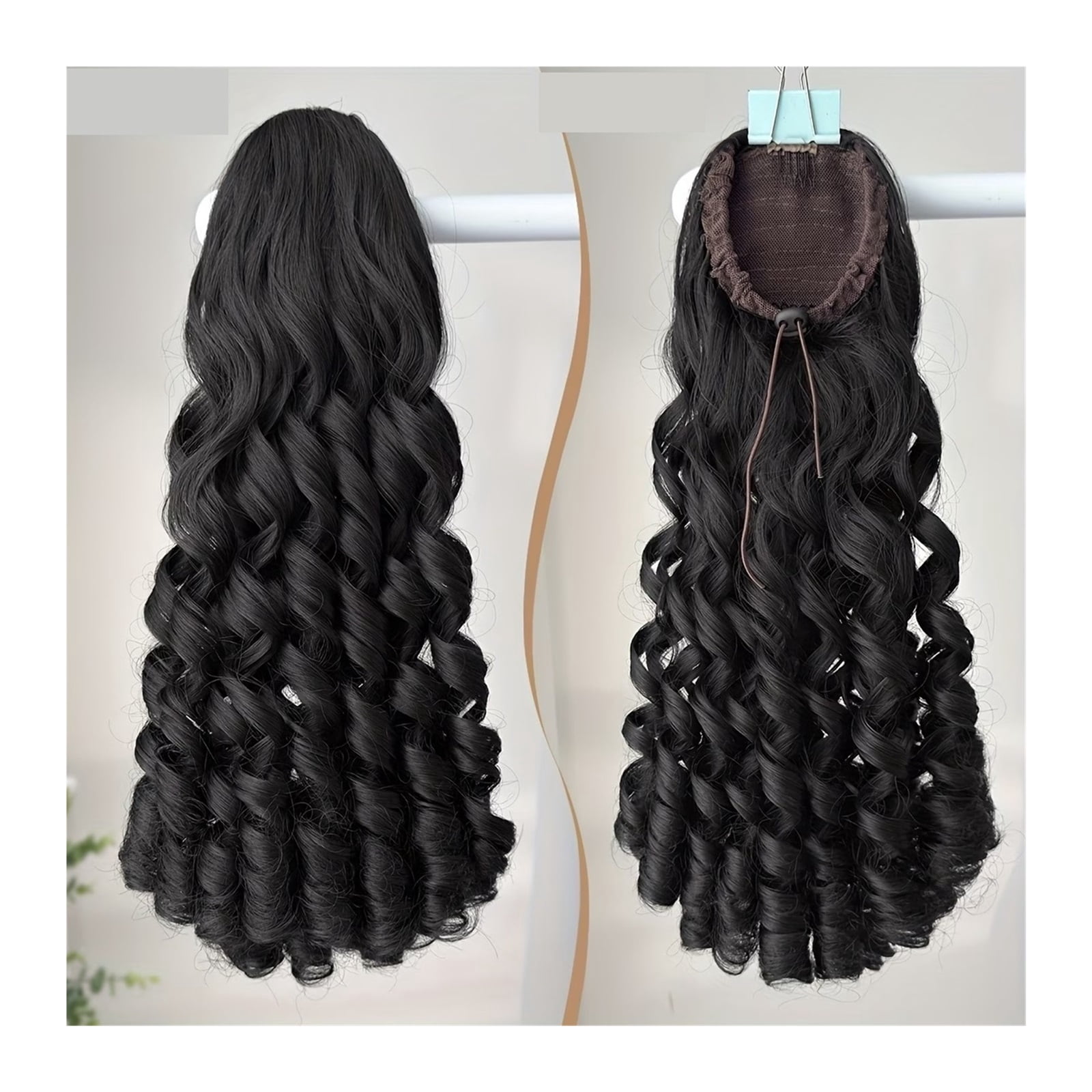 20 Inch Black Curly Ponytail Wig for Women - Retro Long Deep Wave Hair ...