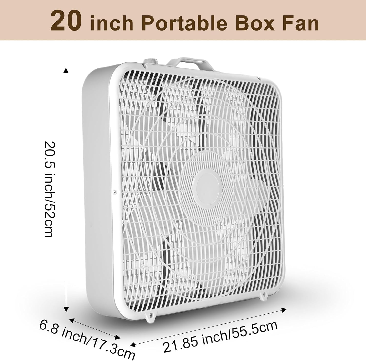 20 Inch Box Fan with Carry Handle, Portable Powerful and Quiet 3-speed ...