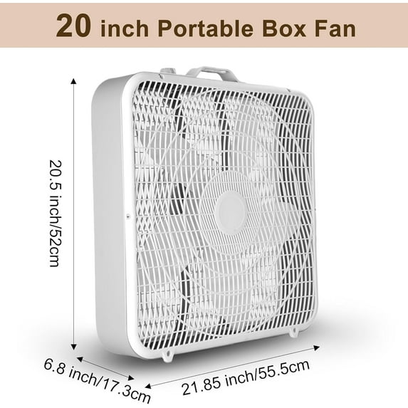20 Inch Box Fan with Carry Handle, Portable Powerful and Quiet 3-speed ...