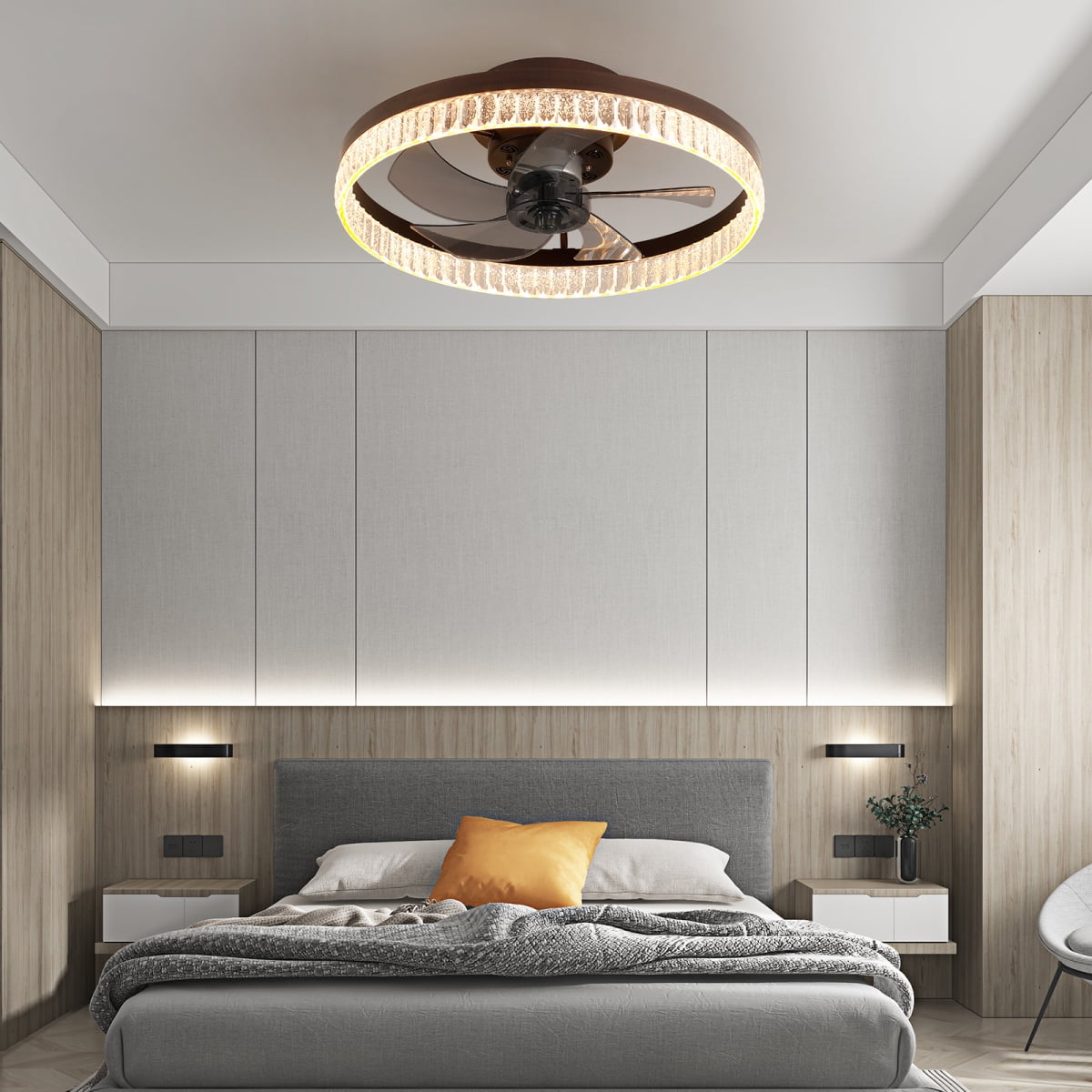 20 Inch Brown Flush Mount Ceiling Fan With LED Light 21dB Silent 6 ...