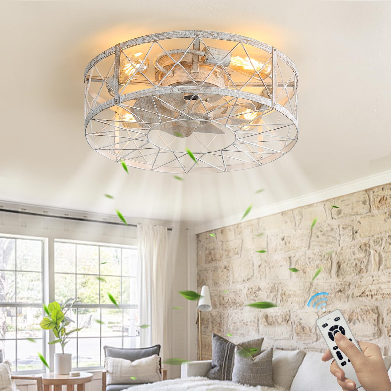 20-Inch Caged Ceiling Fan with Lights and Remote,Flush Mount Ceiling ...