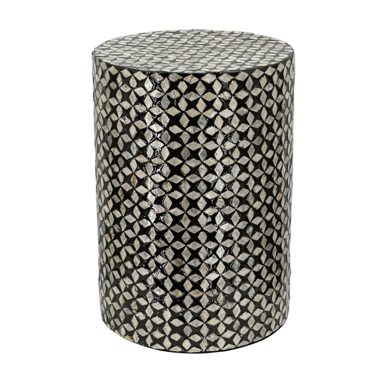 20 Inch Capiz Accent Stool Table Cylindrical Geometric Silver Black ...