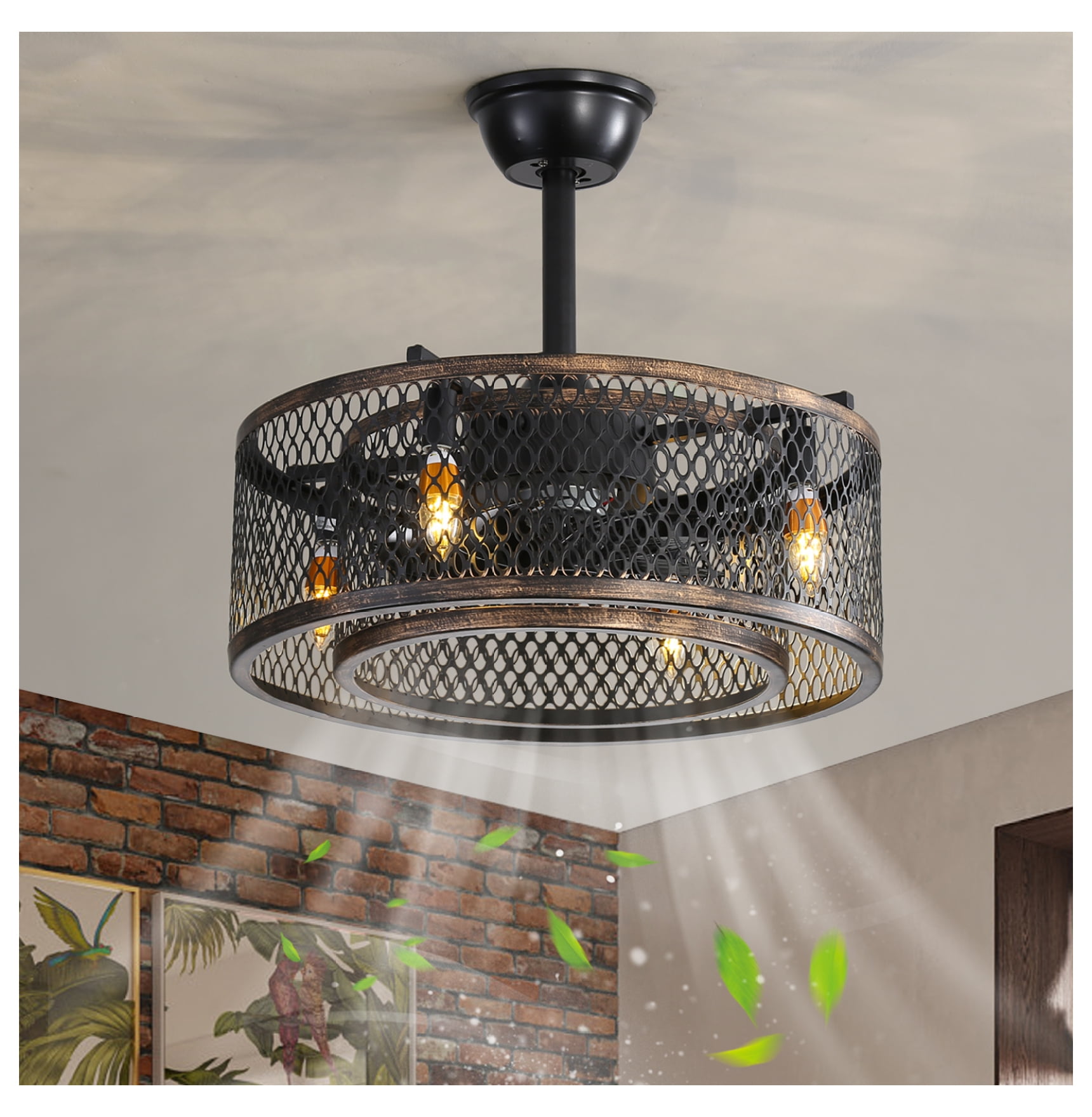 20 Inch Ceiling Fan with Lights & Remote, Caged Fan with 5 Blades, Warm ...