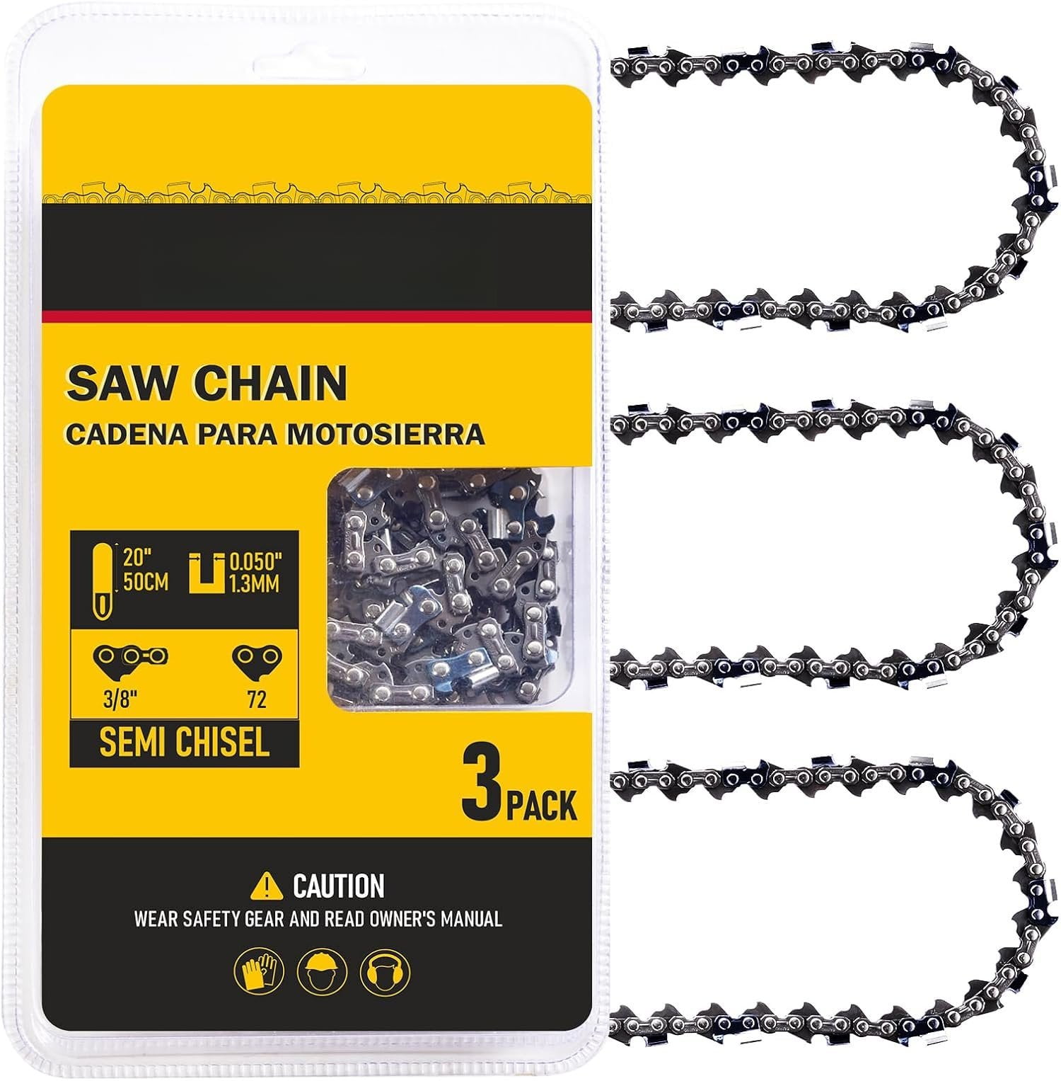 20 Inch Chain 72 Drive Links, 3/8" Pitch, .050" Gauge, Low kickback, Lubrication System fits ...