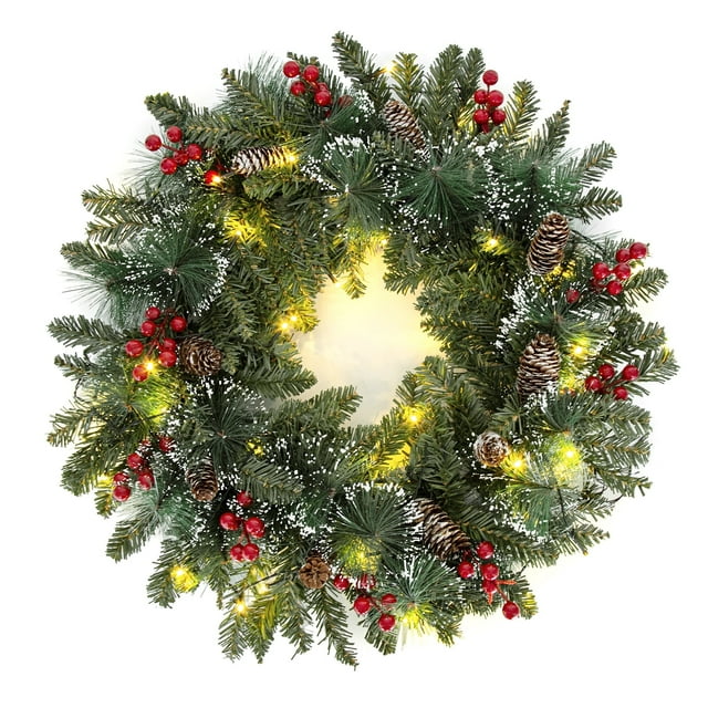 Scidweet 20 inch Pre-Lit Christmas Wreath for Front Door, PVC Christmas ...