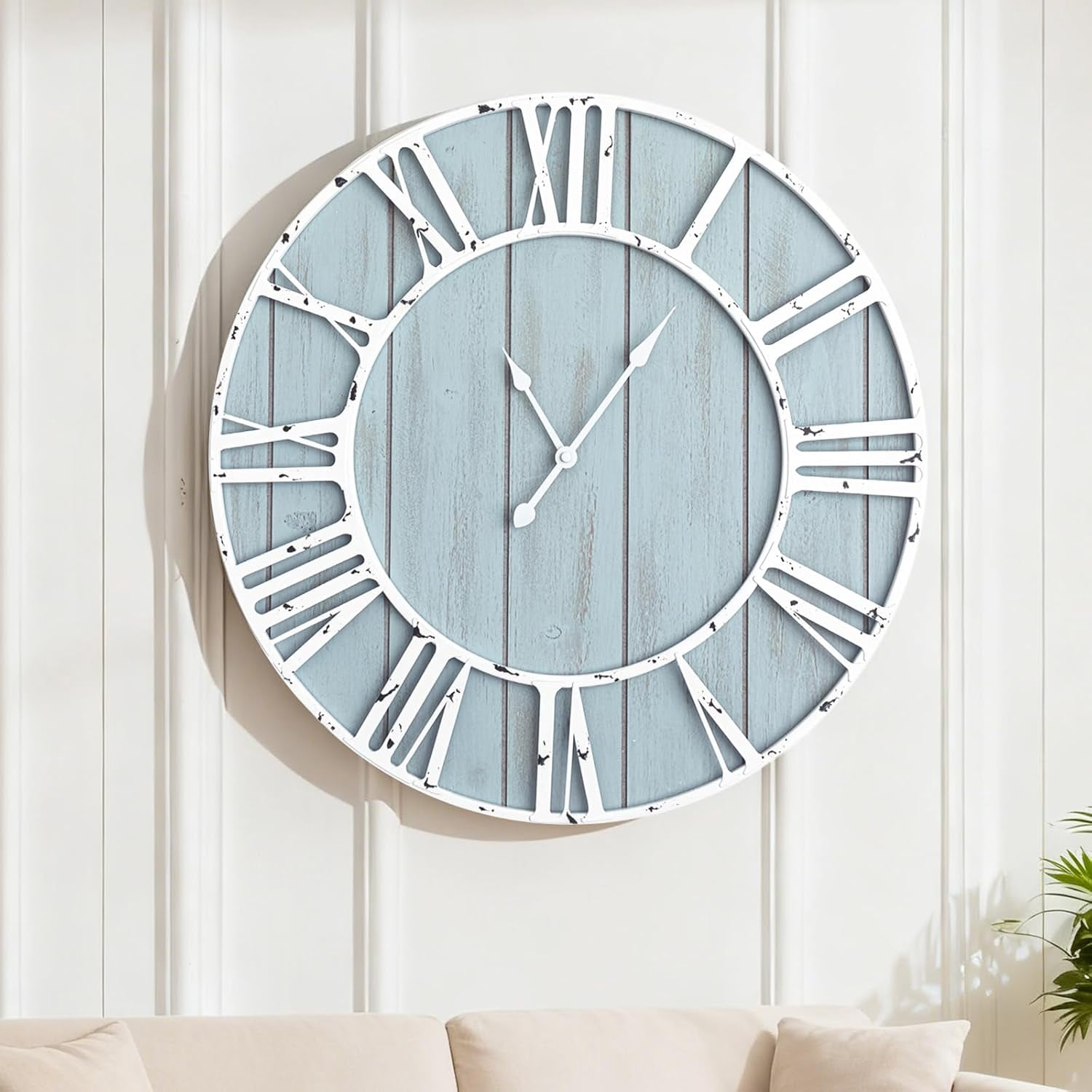 20 Inch Coastal , Blue Farmhouse Vintage Wooden Clock with Roman ...