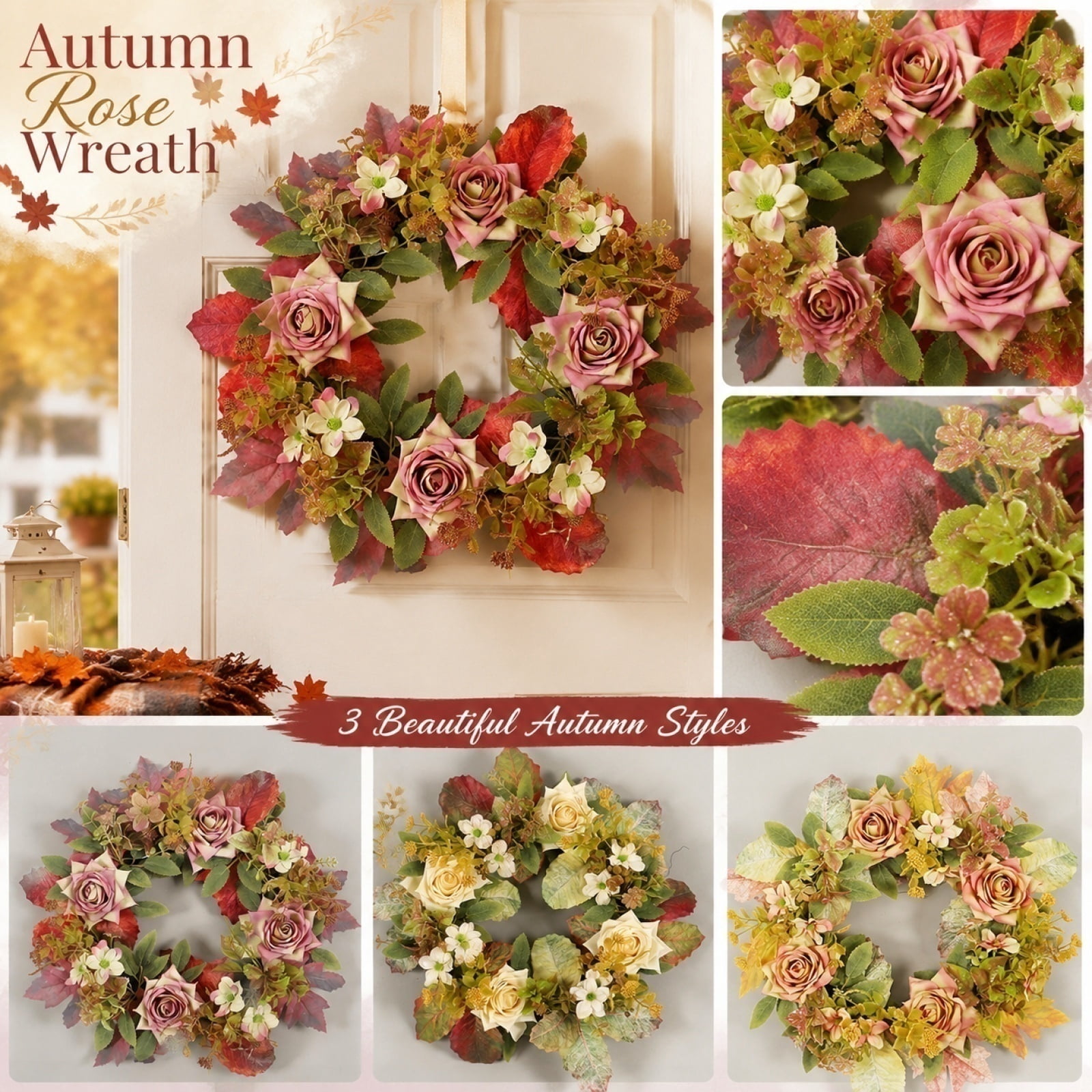 20 Inch Fall Wreath for Front Door Artificial Rose Wreath Fall Front ...