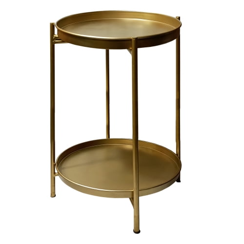 20 Inch High Round Side End Table with 2 Tier Iron Frame, Matte Gold ...
