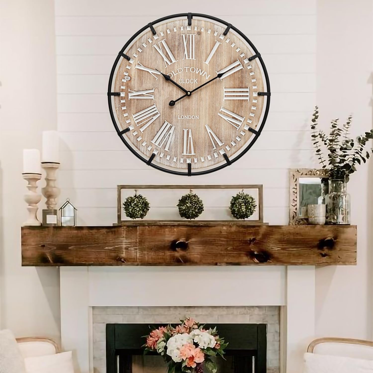 20 Inch Large Farmhouse Wall Clock, Rustic Antique Wood with Metal ...