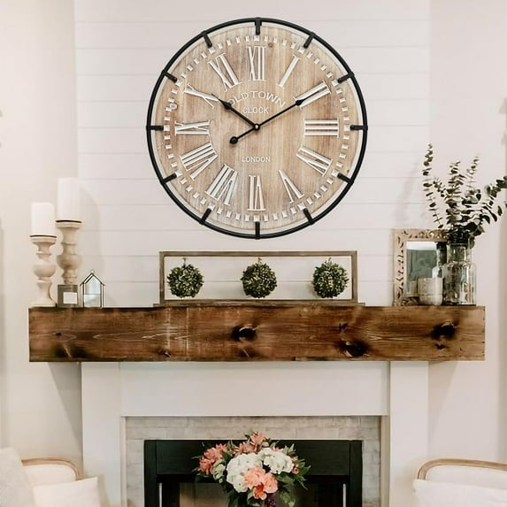20 Inch Large Farmhouse Wall Clock, Rustic Antique Wood with Metal ...