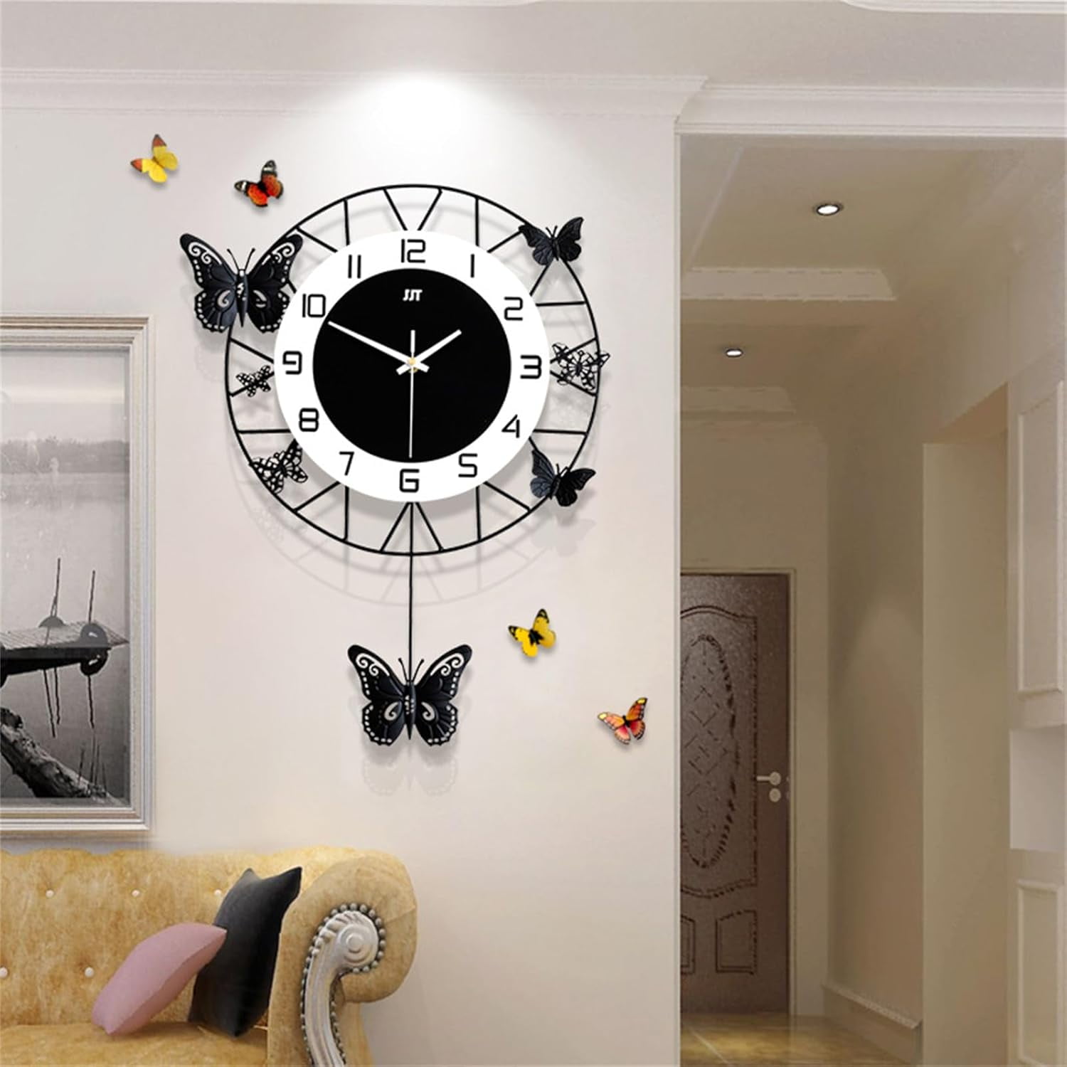 20 Inch Large Round Wall Clock Butterfly Decor Silent Pendulum Battery ...