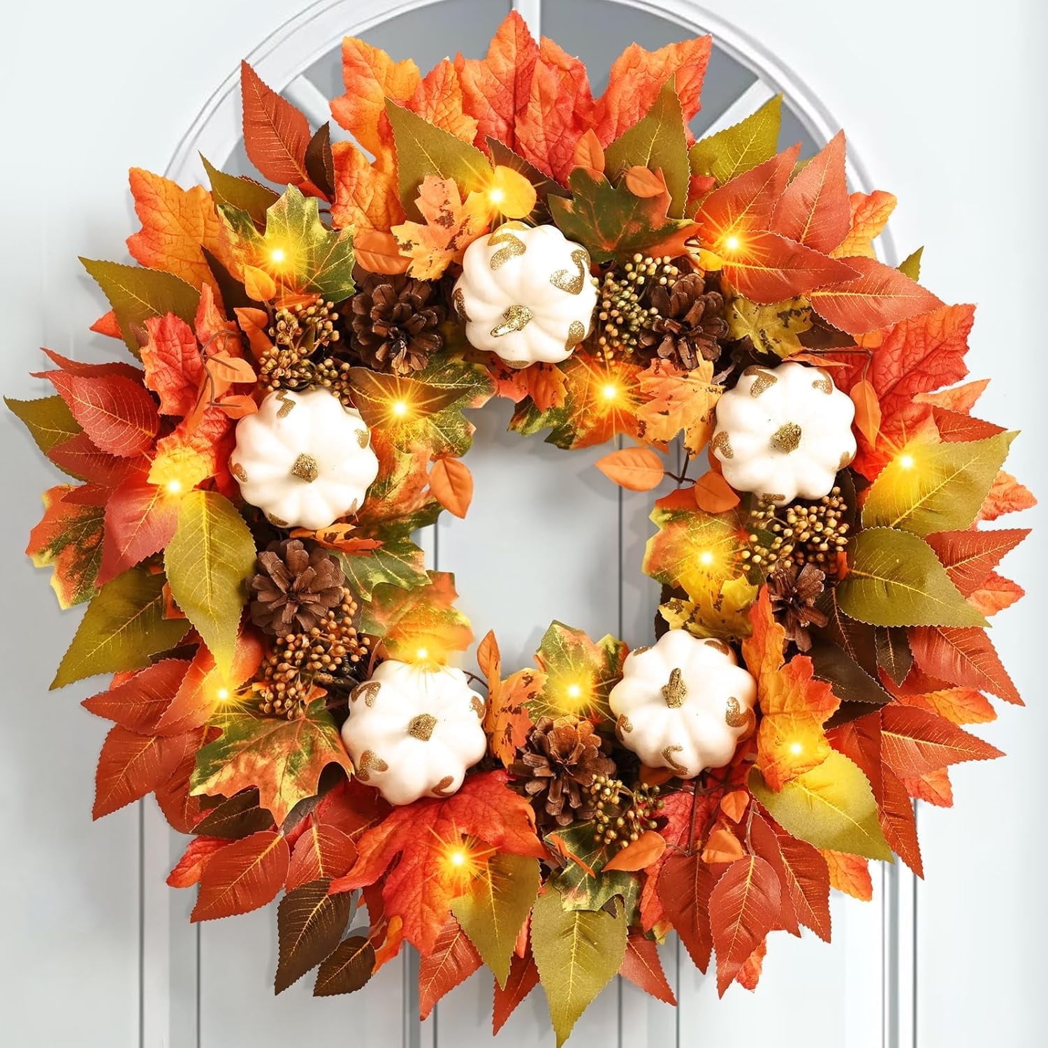 20 Inch Lighted Fall Wreaths for Front Door Fall Decor, Maple Leaf ...