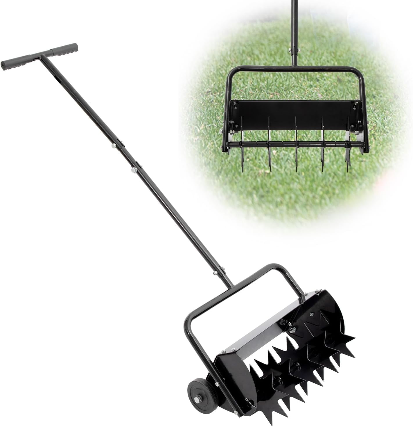20-Inch Rolling Lawn Aerator with Wheels, Manual Spike Aerator Yard Lawn Tool with Adjustable ...