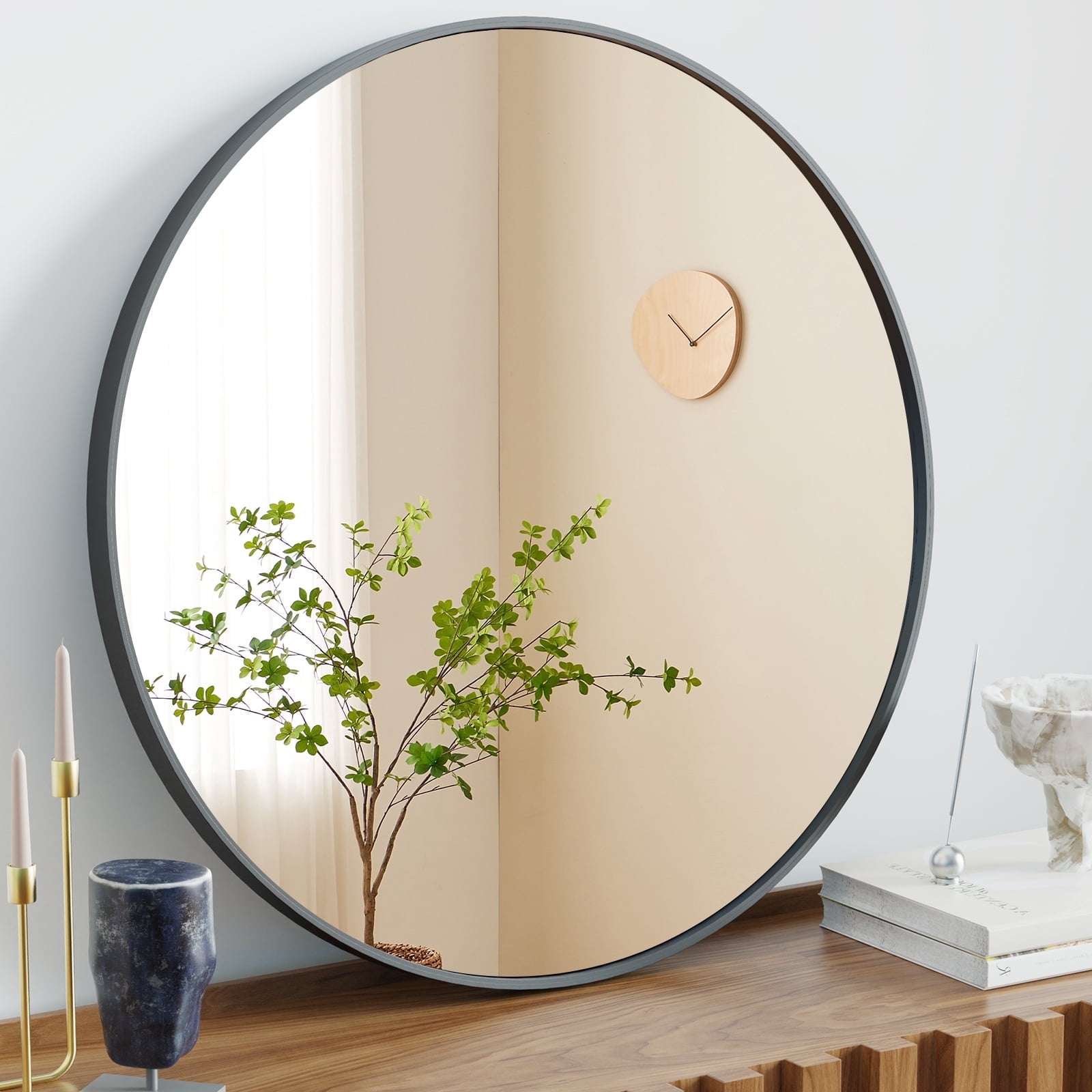 20 Inch Round Black Bathroom Mirror - Shatterproof Aluminum Frame Wall ...