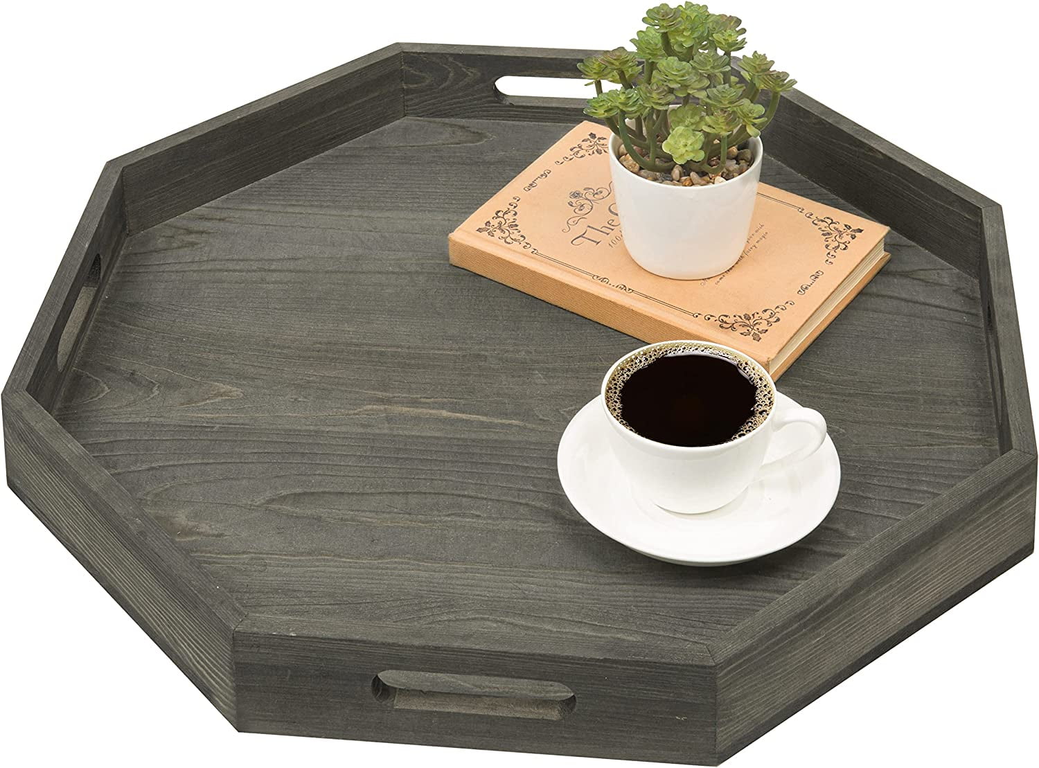 20 Inch Shabby White Washed Solid Wood Decorative Octagon Shaped Tray ...