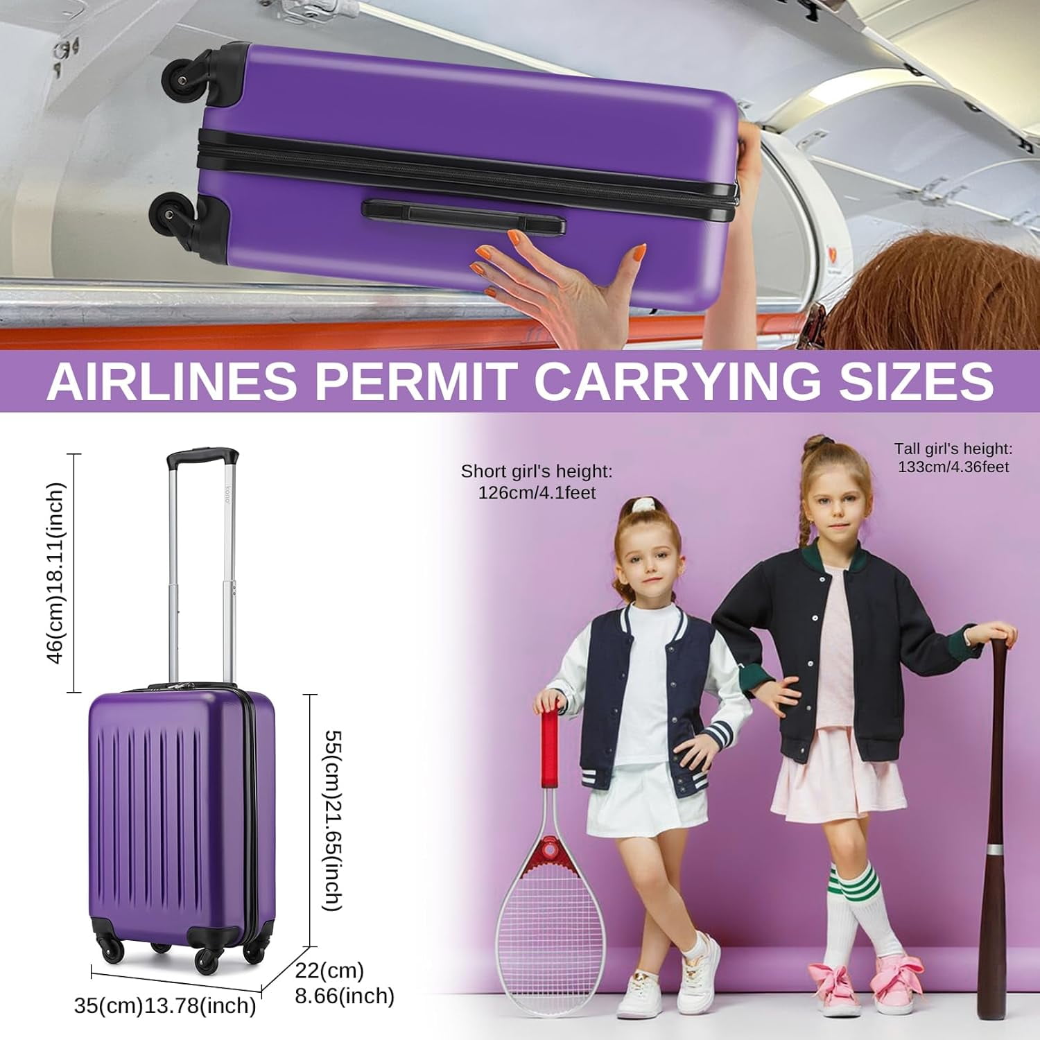 20-Inch Small Hardside Carry-on Suitcase with Spinner Wheels, Lightweight Rolling Cabin Suitcase ...