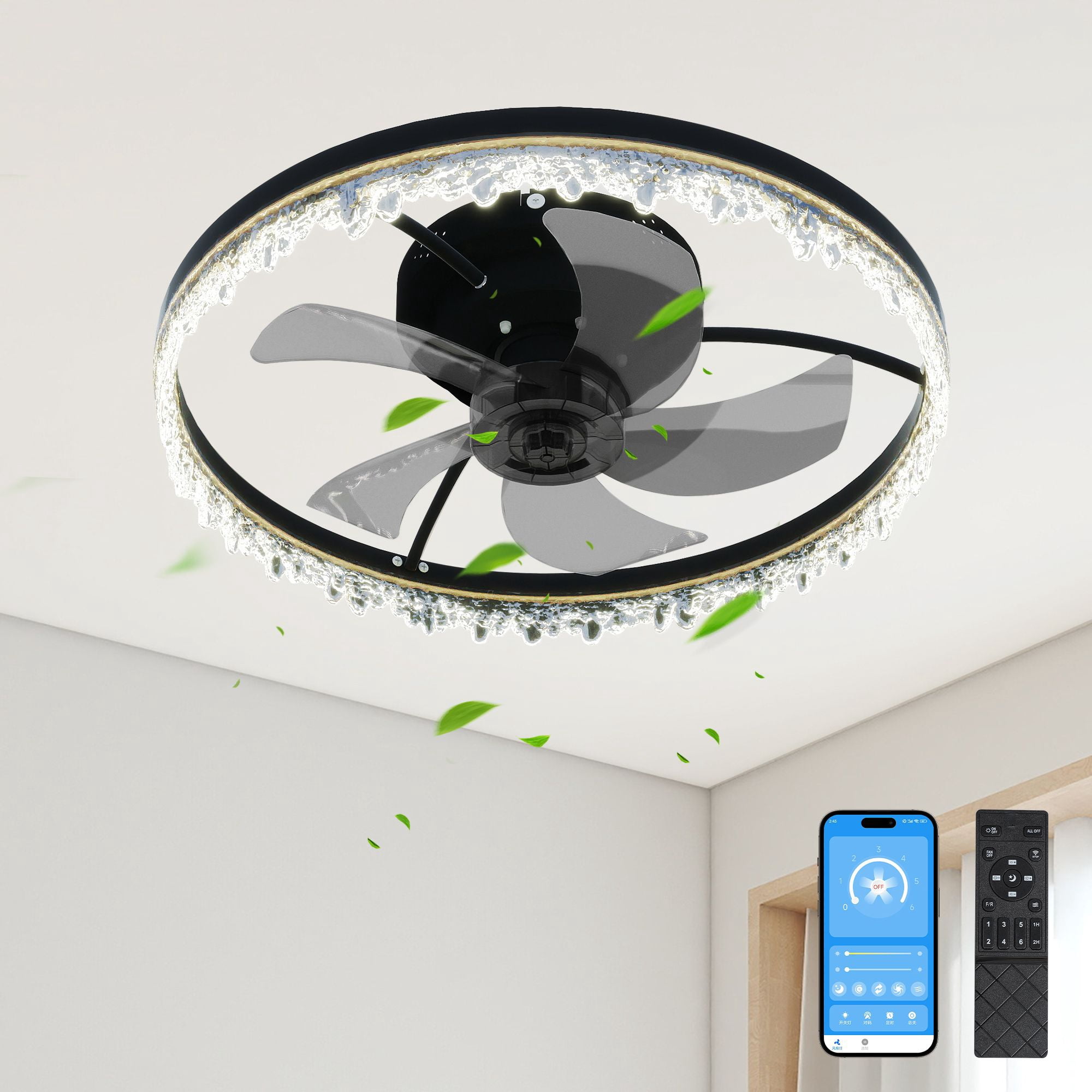 20 Inch Smart Flush Mount Ceiling Fan with Crystal Light, Remote & APP ...