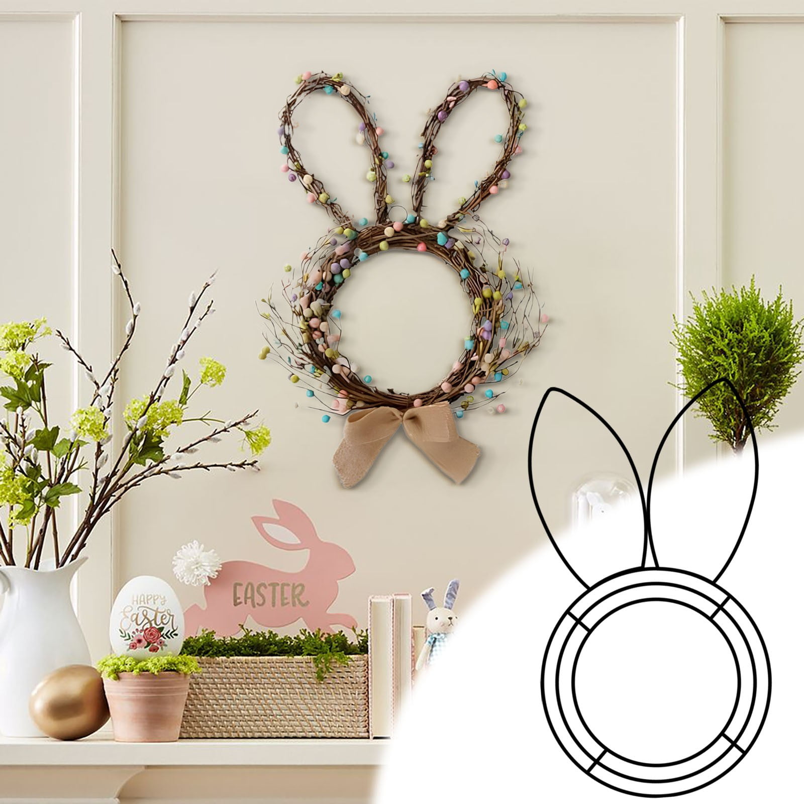 20 Inch Spring Easter Eggs Wreath with Lamb Ears Leaves for Front Door ...