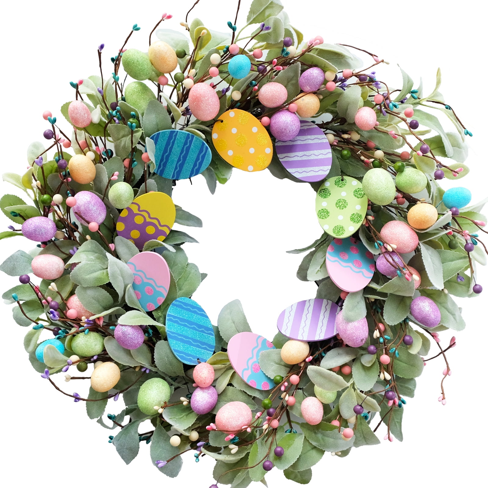 20 Inch Spring Easter Eggs Wreath with Lamb Ears Leaves for Front Door ...