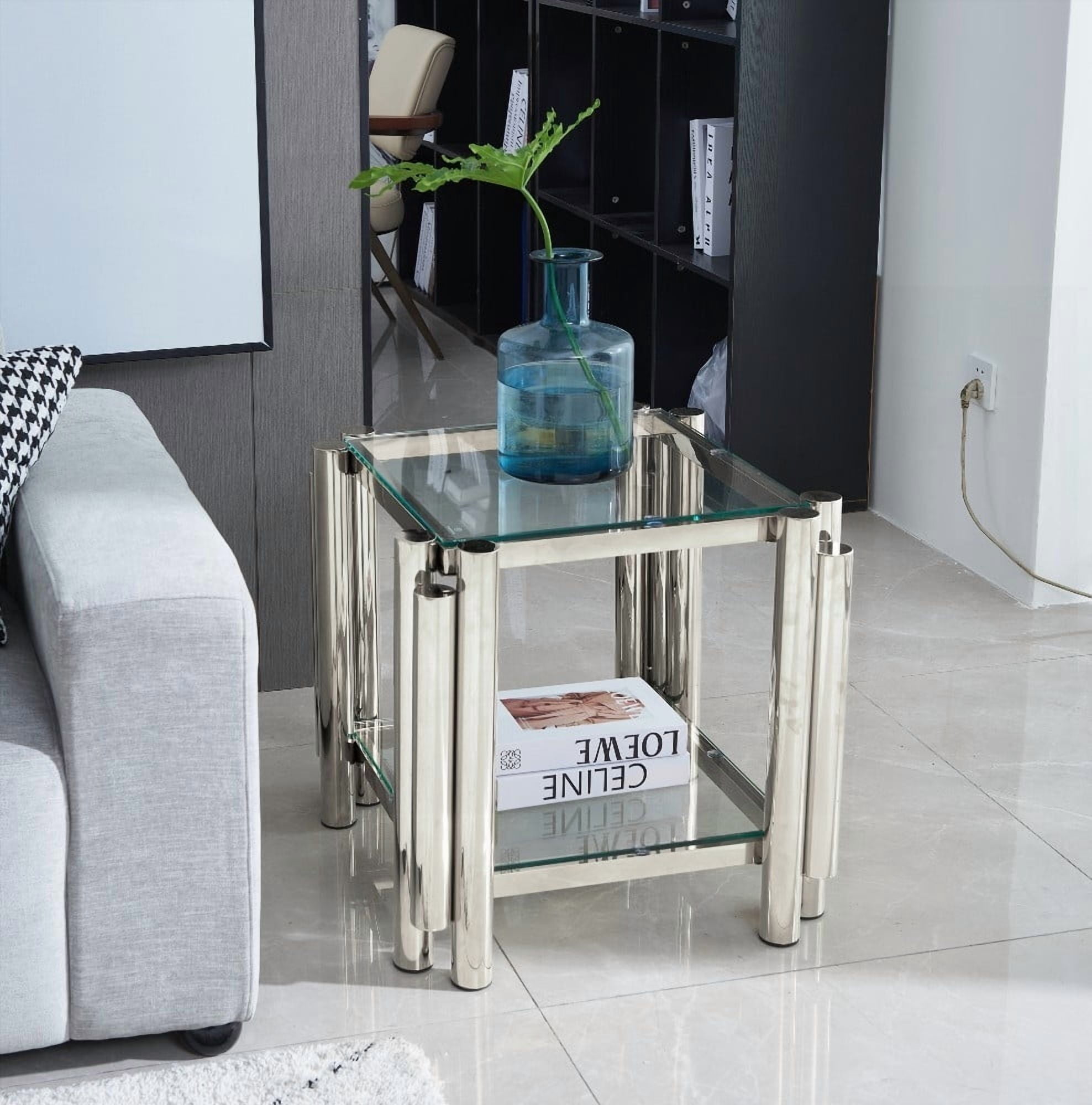20 Inch Square Modern Stainless Steel End Table with Double-Layer Clear ...